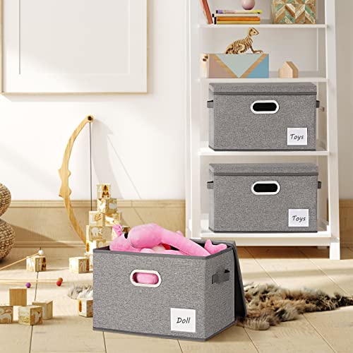 LHZK Large Storage Bins with Lids 6 Pack, Linen Fabric Storage Boxes with Lids, Foldable Storage Baskets with 3 Handles and Label Window for Shelves Bedroom Closet Office (15.75x11.8x10.2,Grey,Black)