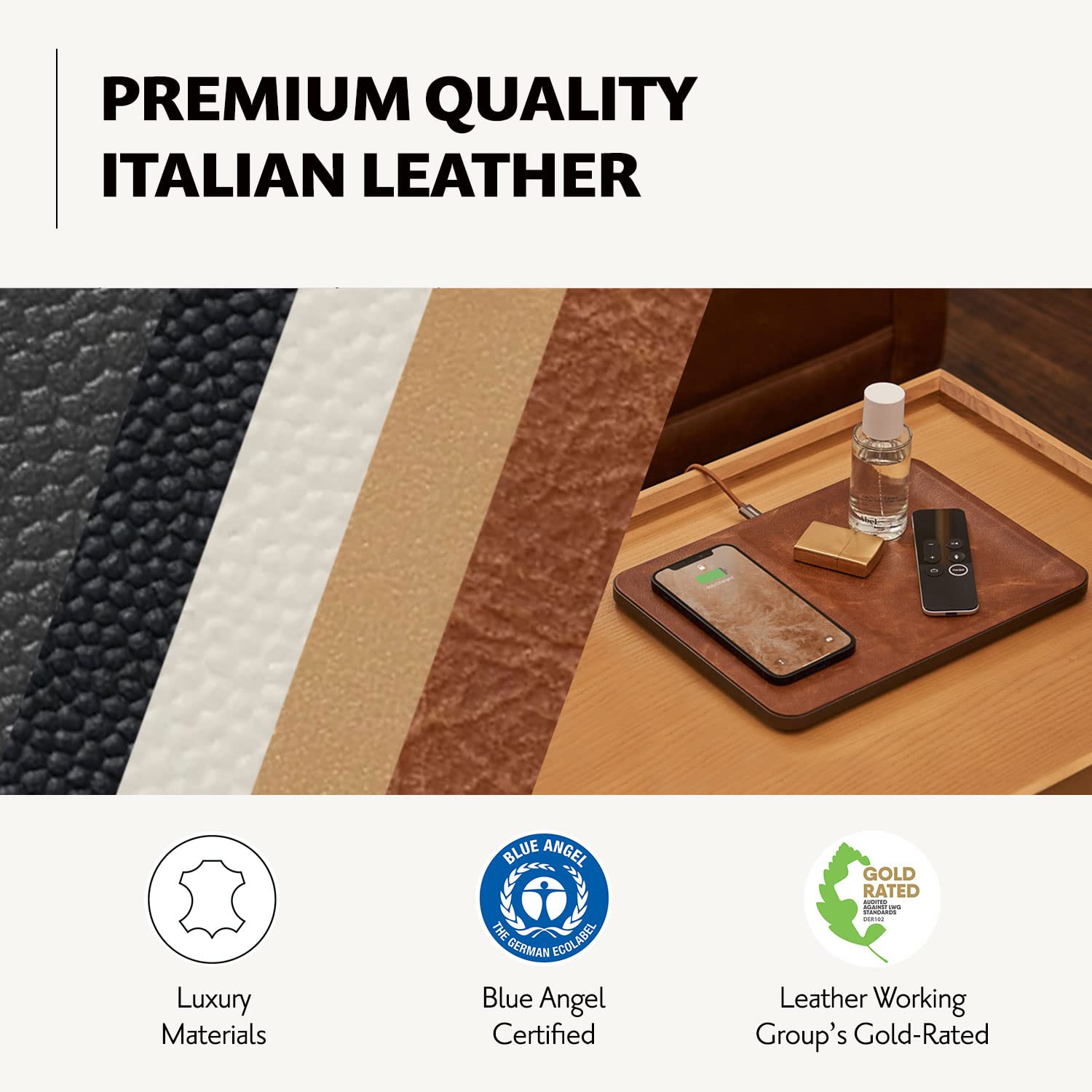 Courant Catch:3 Classics - Italian Leather Wireless Charging Station and Valet Tray (Saddle) - Compatible with iPhone 15, 14, 13, 12, 11, Galaxy S21, S20, Note, AirPods, AirPods Pro