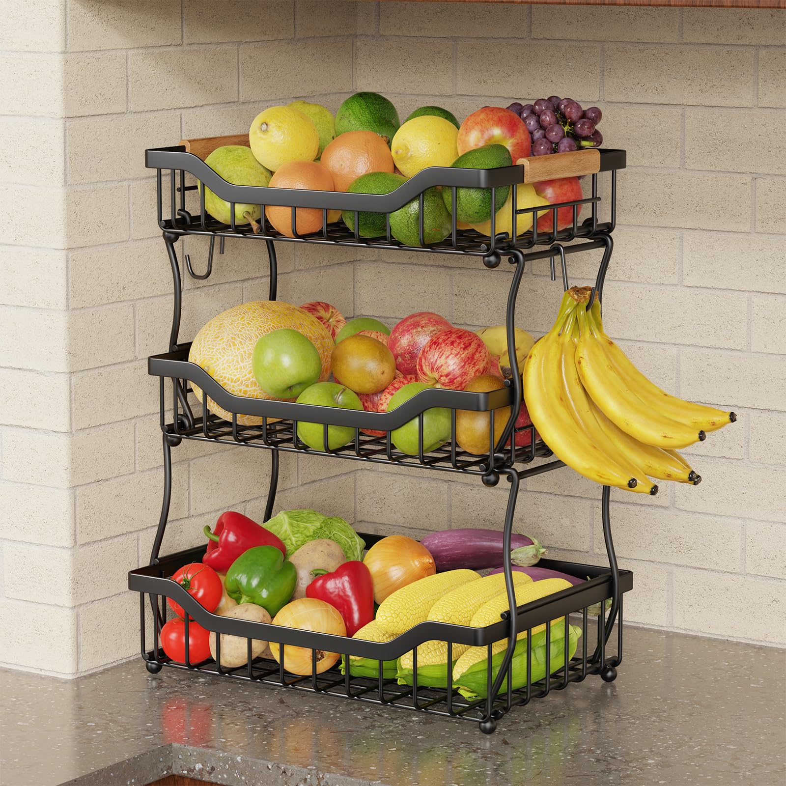 Giwil 3 Tier Countertop Fruit Basket for Kitchen, Vegetable Storage Basket Bread Fruit Bowl Stand with 2 Banana Hooks, Wall Mounted Metal Wire Basket Organizer for Potato Onion, Black