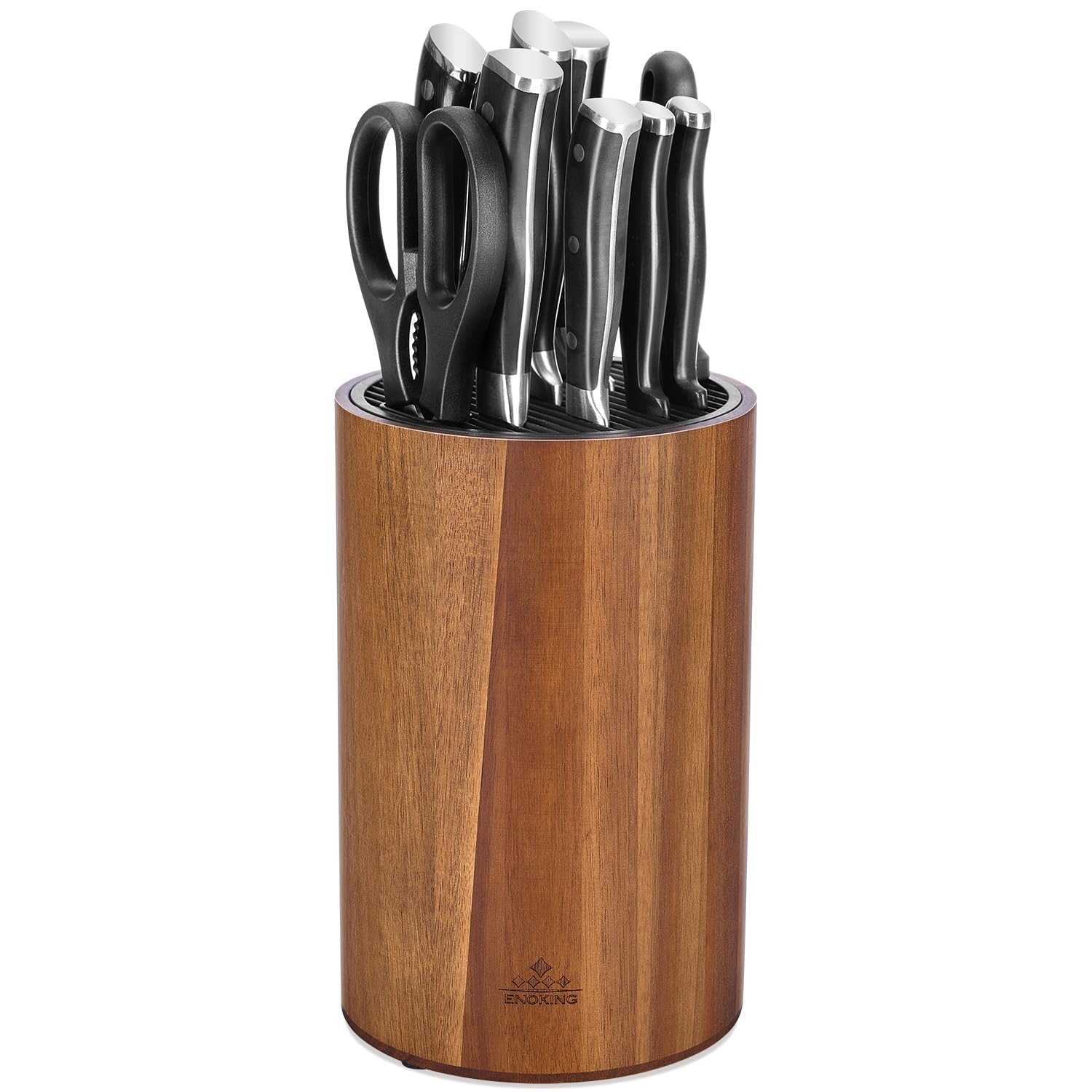 Enoking Universal Knife Block Holder with Plastic Lid, Acacia Wood Knife Block without Knives for Scissors, Sharpening Rod and Knives, Round Knife Storage Organizer Display