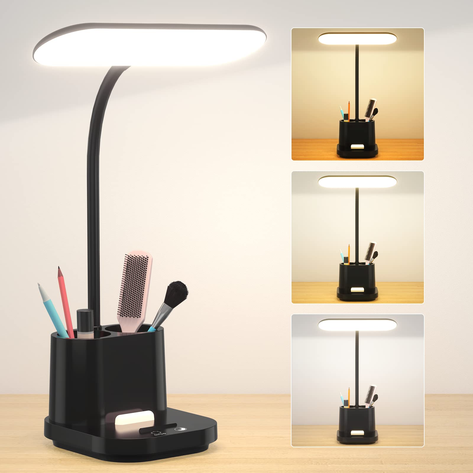 DEEPLITE Desk Lamp,Desk Light for Home Office,Battery Operated,Rechargeable,Pen Holder,800LM 3 Colors Dimmable Adjustable Study Lamp,Cordless Reading Lamps for Dorm Bedrooms.