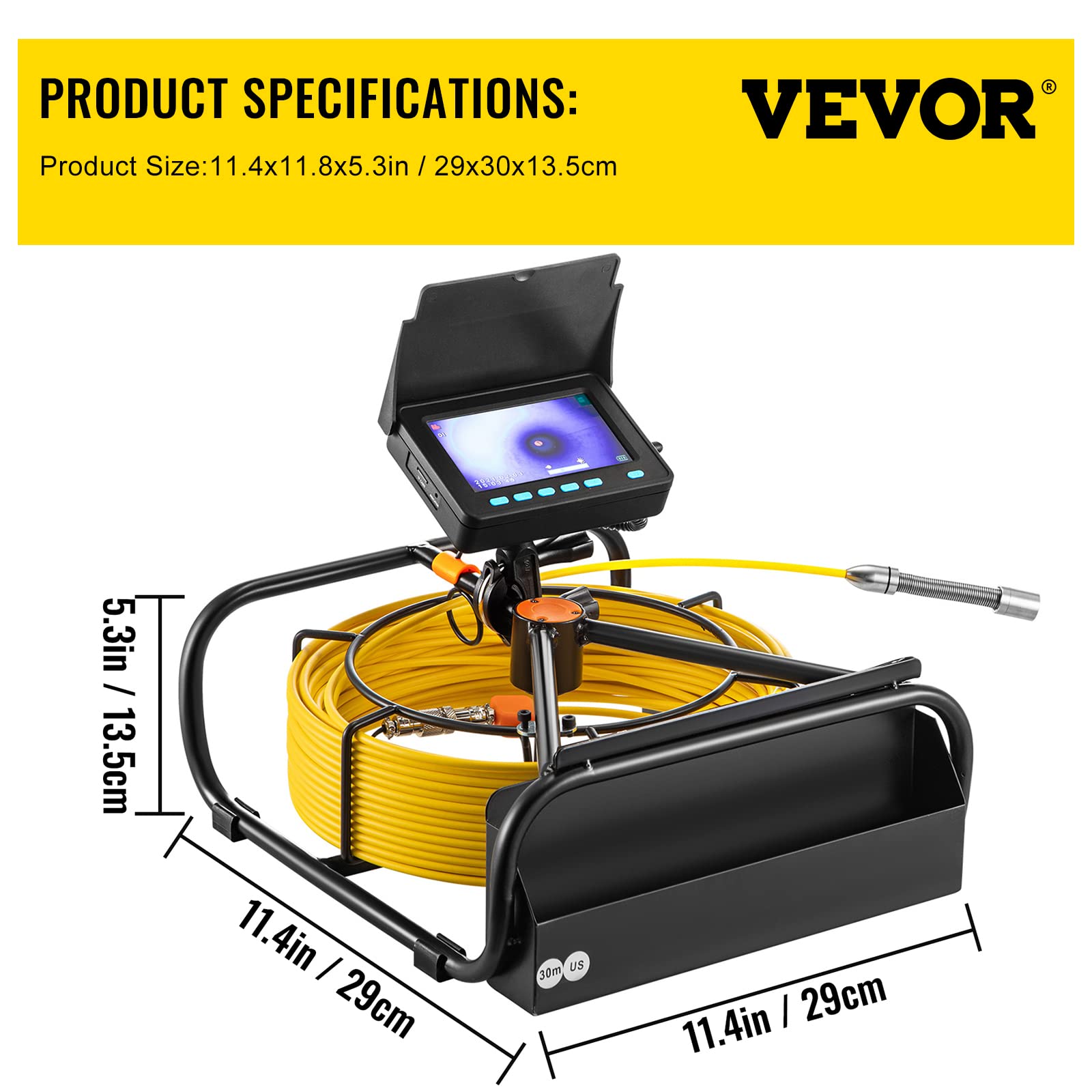 VEVOR Sewer Camera, 98.4ft/30M 4.3" Pipe Drain Inspection Camera with DVR Function & Snake Cable, Waterproof IP68 Borescope w/LED Lights, Industrial Endoscope for Home Wall Duct Drain Pipe Plumbing