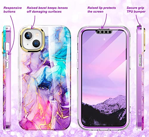 Hocase for iPhone 14 Plus Case, (with Built-in Screen Protector) Shockproof Slim Soft TPU+Hard Plastic Full Body Protective Case for iPhone 14 Plus (6.7" Display) 2022 - Watercolor Marble