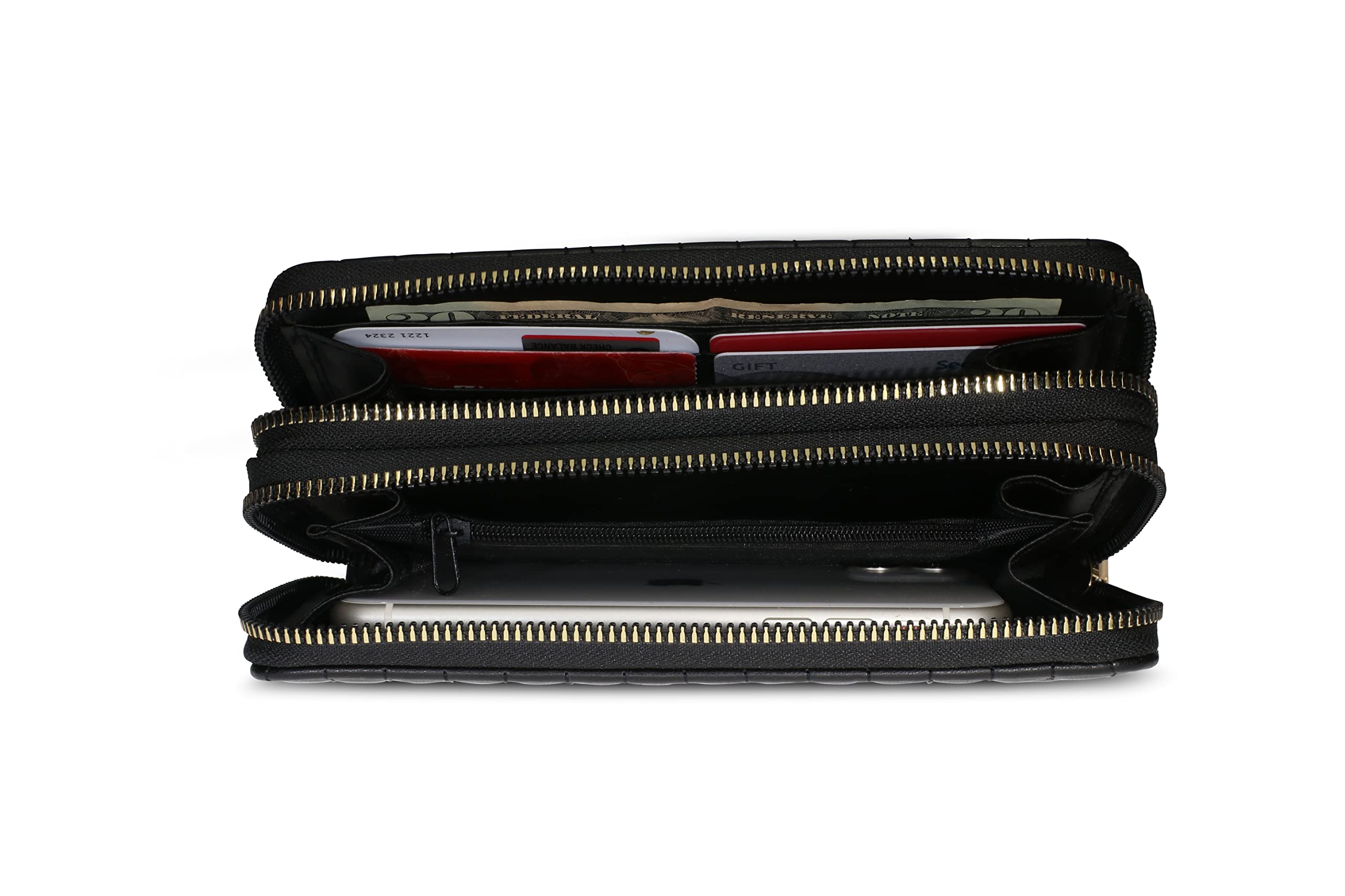 Couture Gems Black Wristlet Purses For Women Wallet DOUBLE ZIPPER Wallets Clutch Purses For Women Handbag Wallet Womens