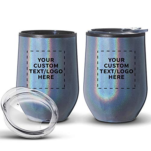 Custom Palmera Stemless Wine Tumblers with Lids 12 oz. Set of 12, Personalized Bulk Pack - Perfect for Wine, Cocktails, Other Hot & Cold Beverages - Iridescent Blue