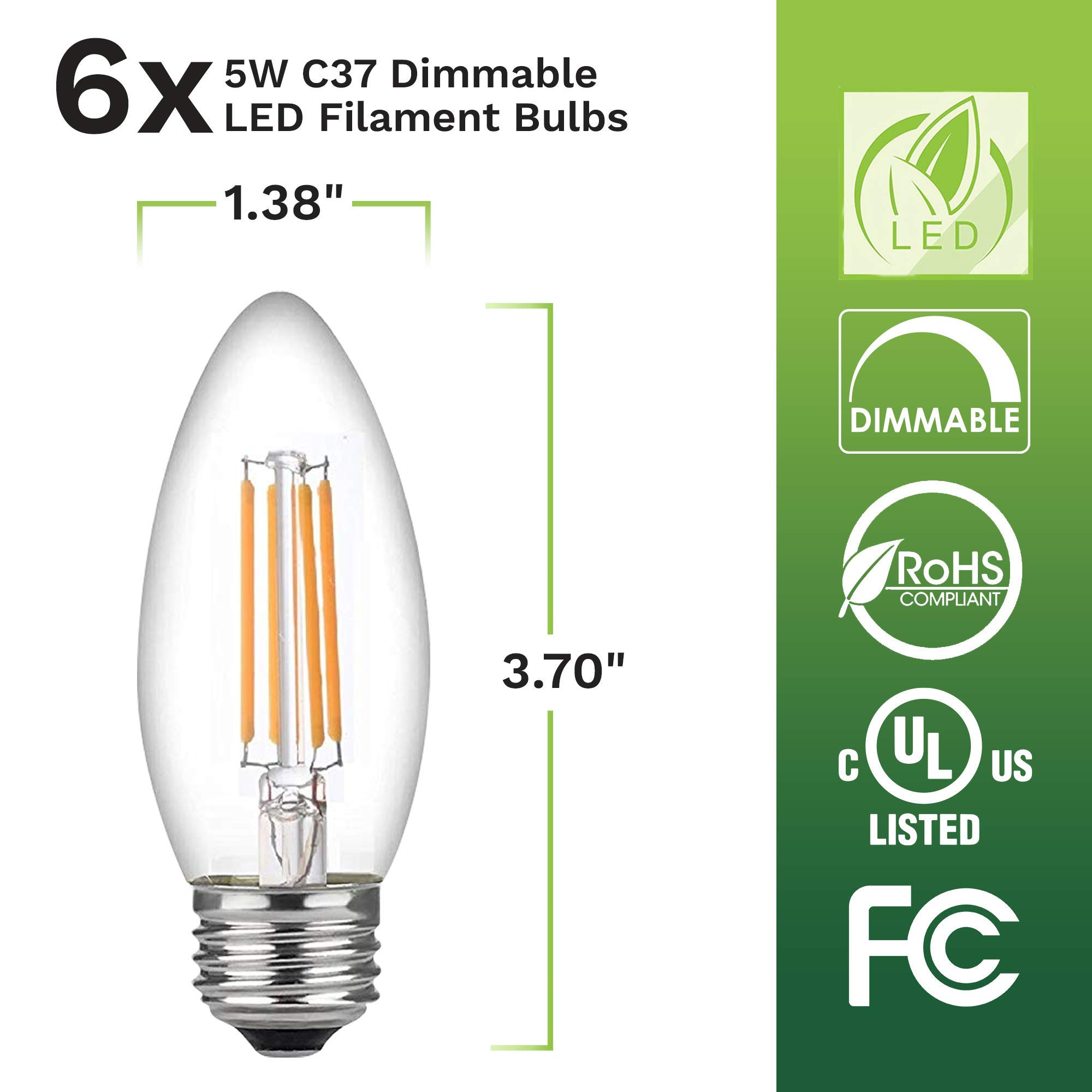 Bioluz LED 93 CRI Medium Base Candelabra Dimmable Filament Clear 60 Watt LED Bulbs (Uses only 5 watts) E26 Base C37 LED Filament Candle Bulbs Title 20 6-Pack
