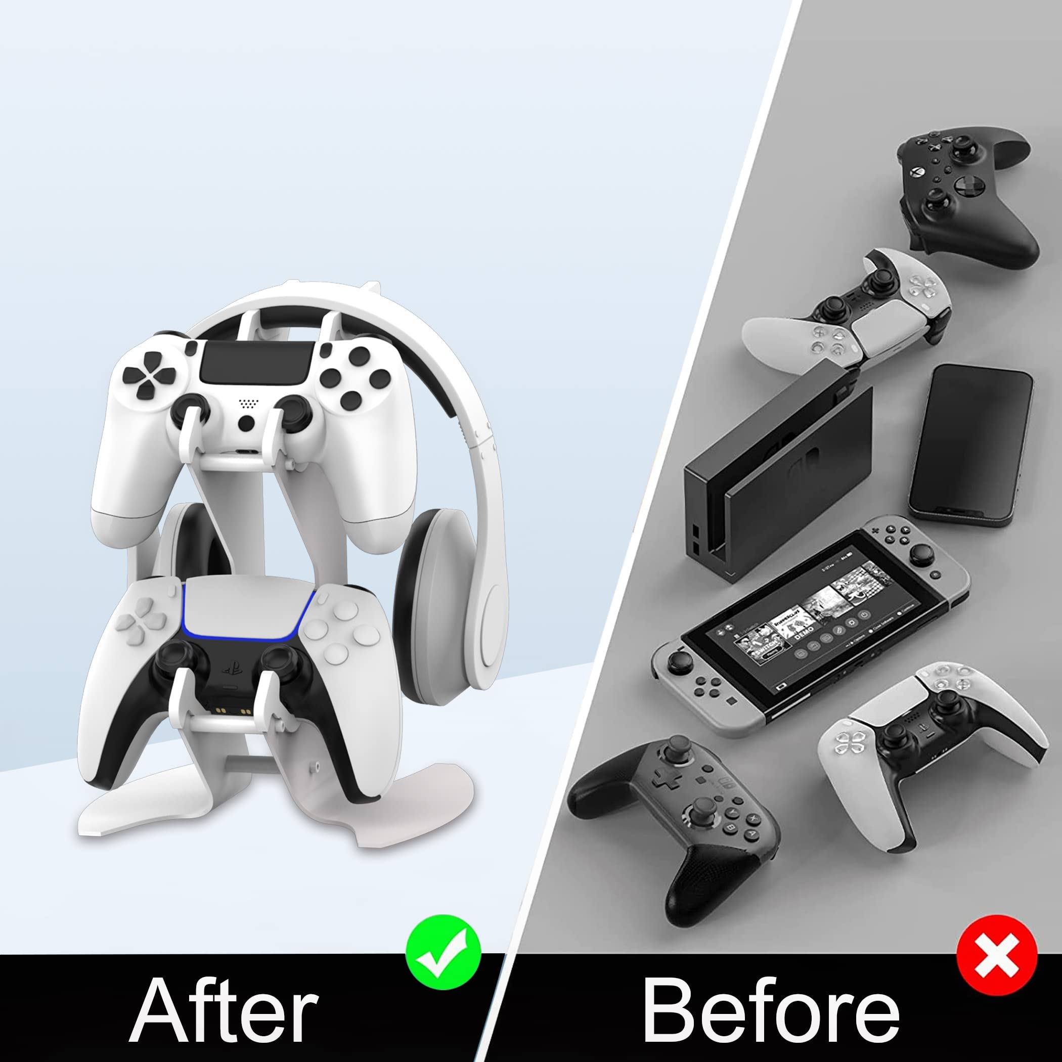 Controller Holder Stand, Universal Metal Material Game Controller Headset Stand Controller Accessories for Gamepad of PS5 / Xbox / PS4 / Switch (White