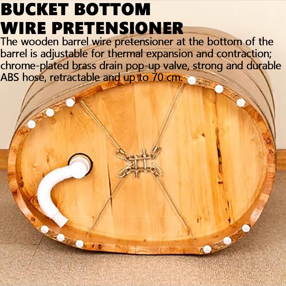 MegLob Mobile Free Standing Wooden Bathtub with Insulation Lid, Solid Wood Deep Soaking Tub with Bathtub Stool, Compact Soaker Lit for Small Bathroom with Pop-Up Drain Valve & Drain Hose,Light