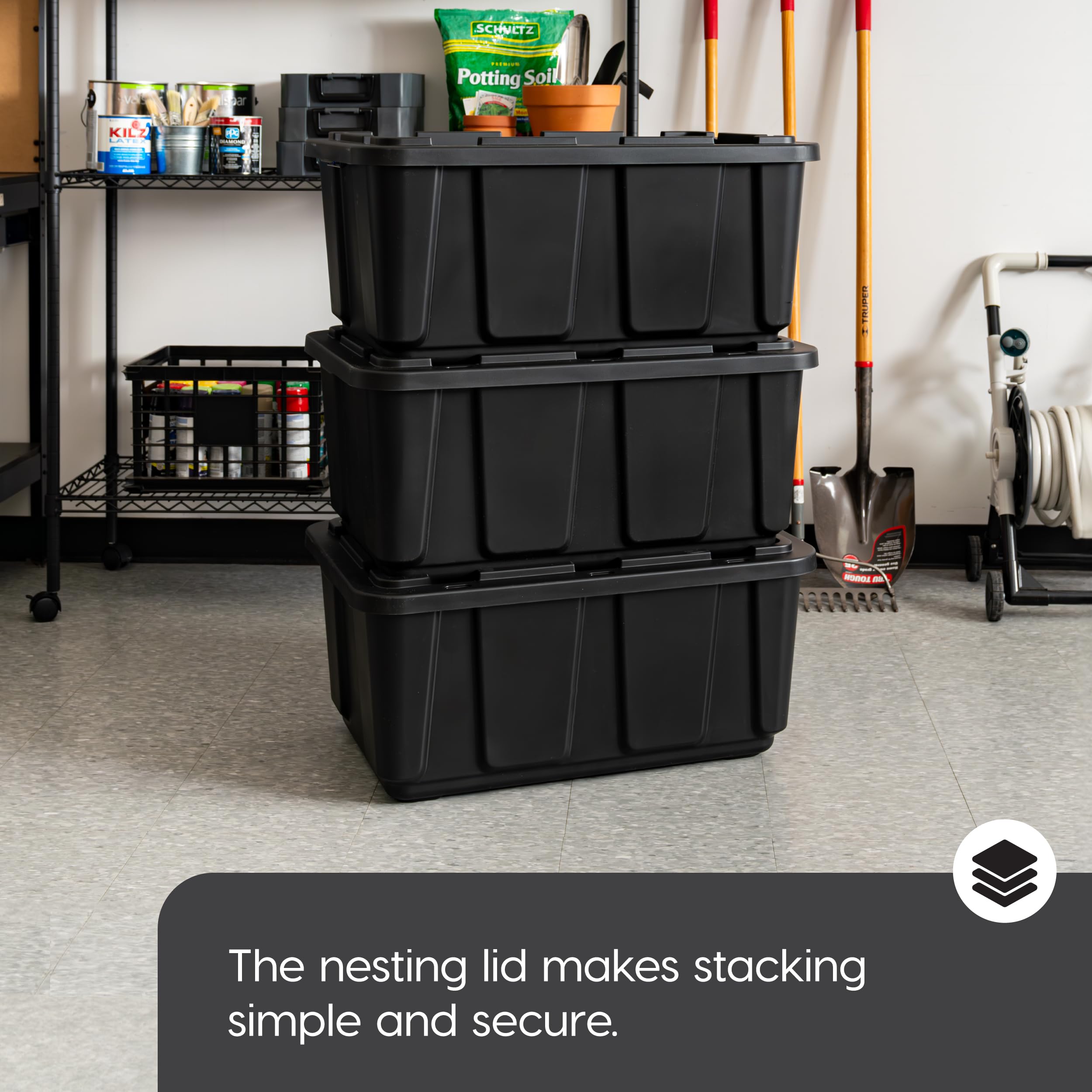 IRIS USA 27 Gallon Heavy Duty Truck Bed Toolbox Storage Tote Bins with Lids, 4 Pack - Made in USA, Tough Snap On Lid Stackable Industrial Rugged Tubs, Garage Organization, Reusable Box - Black