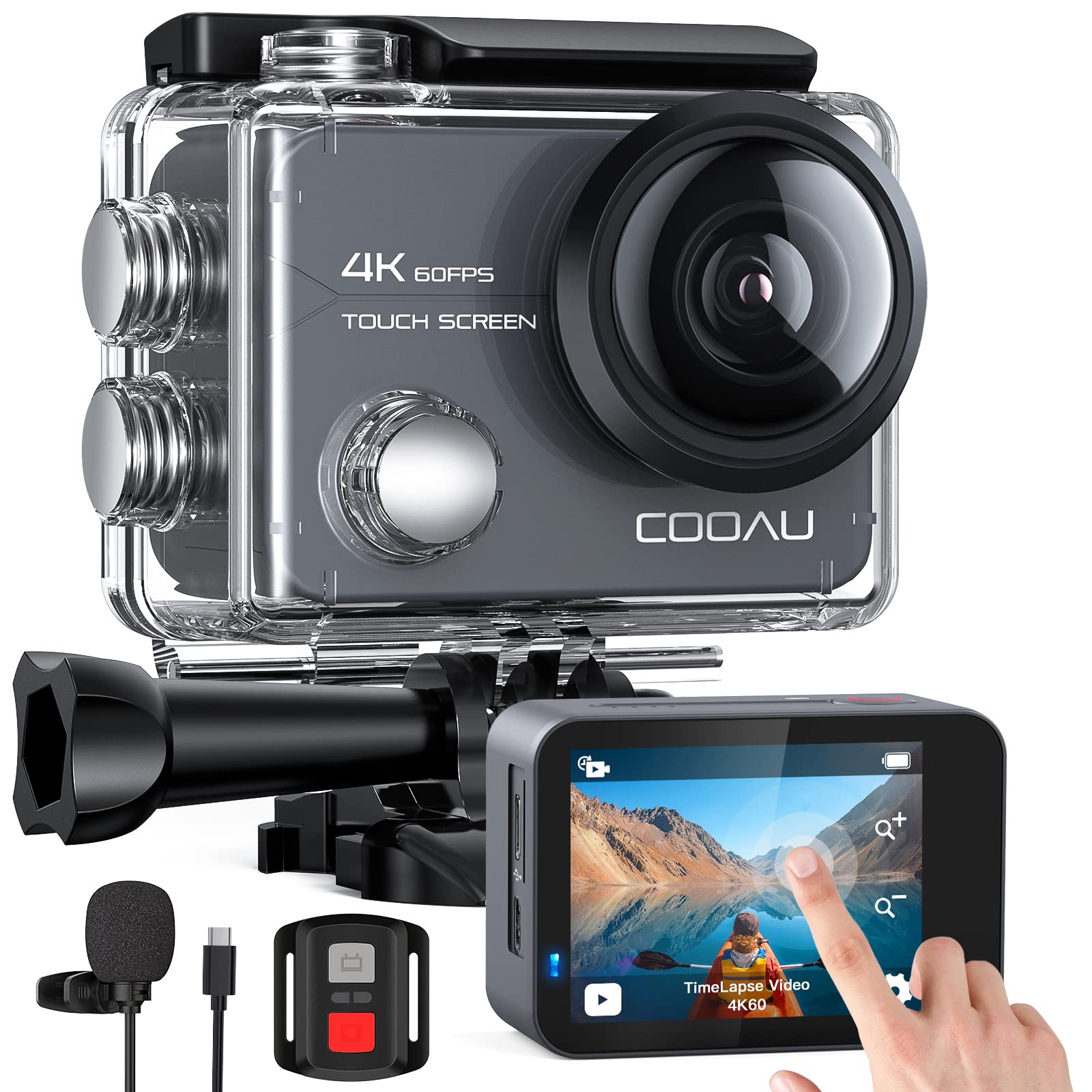 COOAU Native 4K 60fps 20MP Touch Screen Wi-Fi Action Sports Camera with 8XZoom EIS Anti-Shake 40M Waterproof Underwater Case 170° Adjustable Wide Angle External Microphone 2x1350mAh Batteries