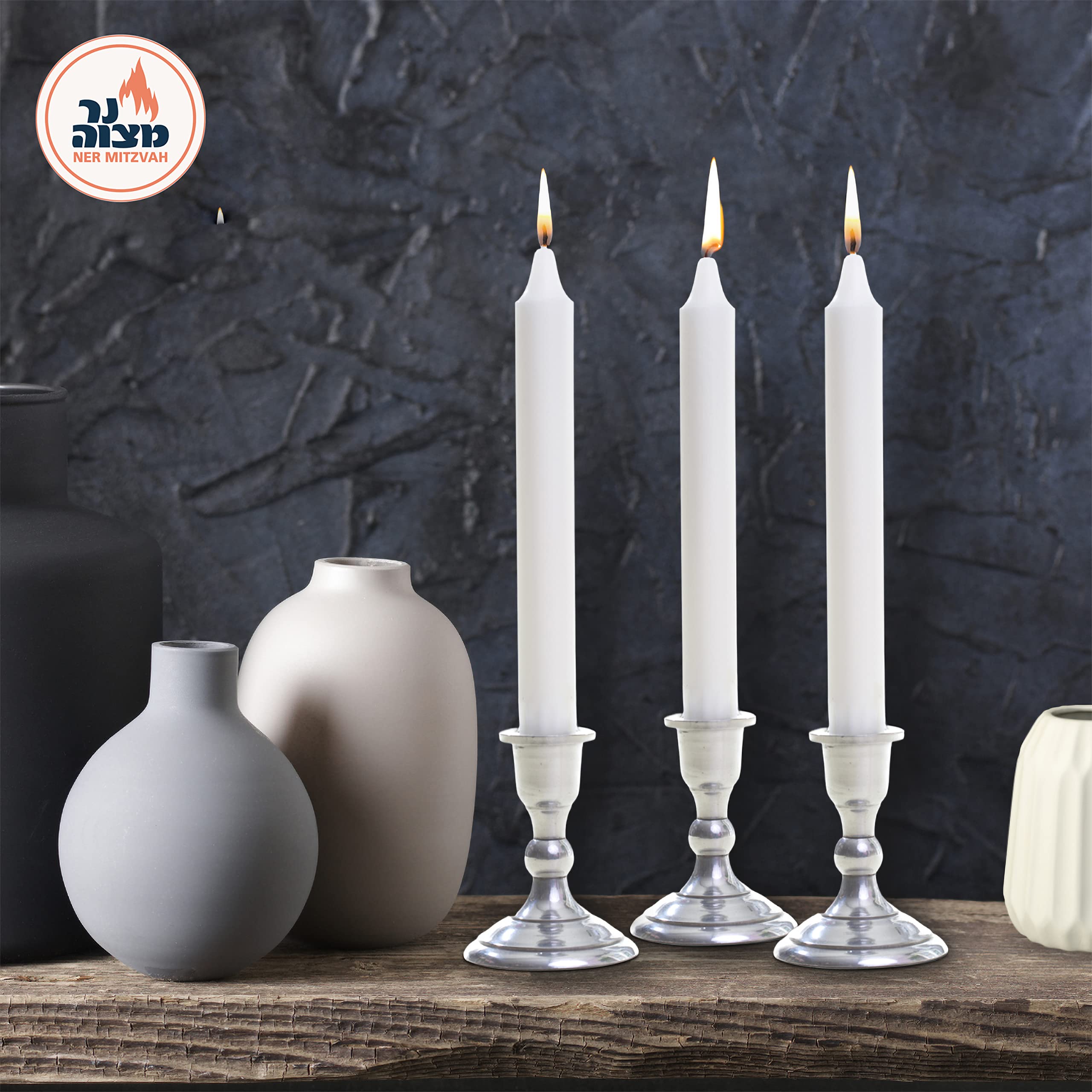 Ner Mitzvah Classic White Taper Candles β 7 Inch Candles - 60 Bulk Pack - for Shabbat Candles, Dinner Tables, Restaurants, Ceremonies and Emergency - 6 Hour Burn Time