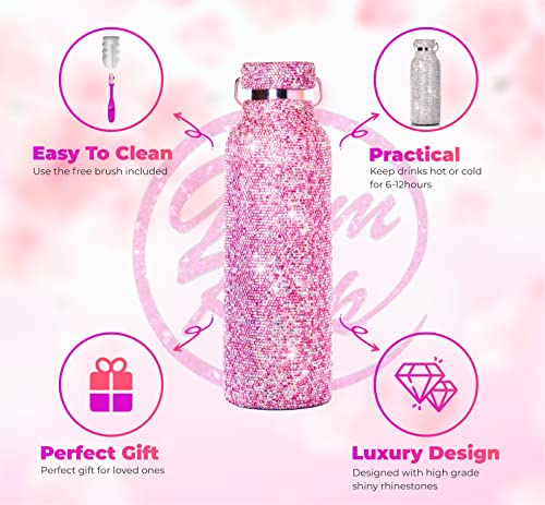 GlamKup Diamond Water Bottle Bling Cup Glitter Water Bottle Rhinestone Dazzling Stainless Steel Insulated Bottle Sparkling Cup Thermos Bottle with Chain Brush Extra Rhinestone