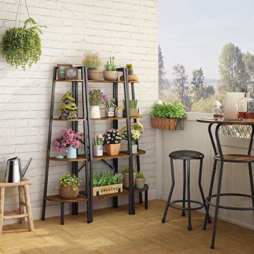Hoctieon Corner Shelf, 4-Tier Corner Bookshelf, Rustic Corner Ladder Shelf, Industrial Display Shelf for Living Room, Kitchen, Home Office, Balcony, Small Space, Metal Frame, Rustic Brown