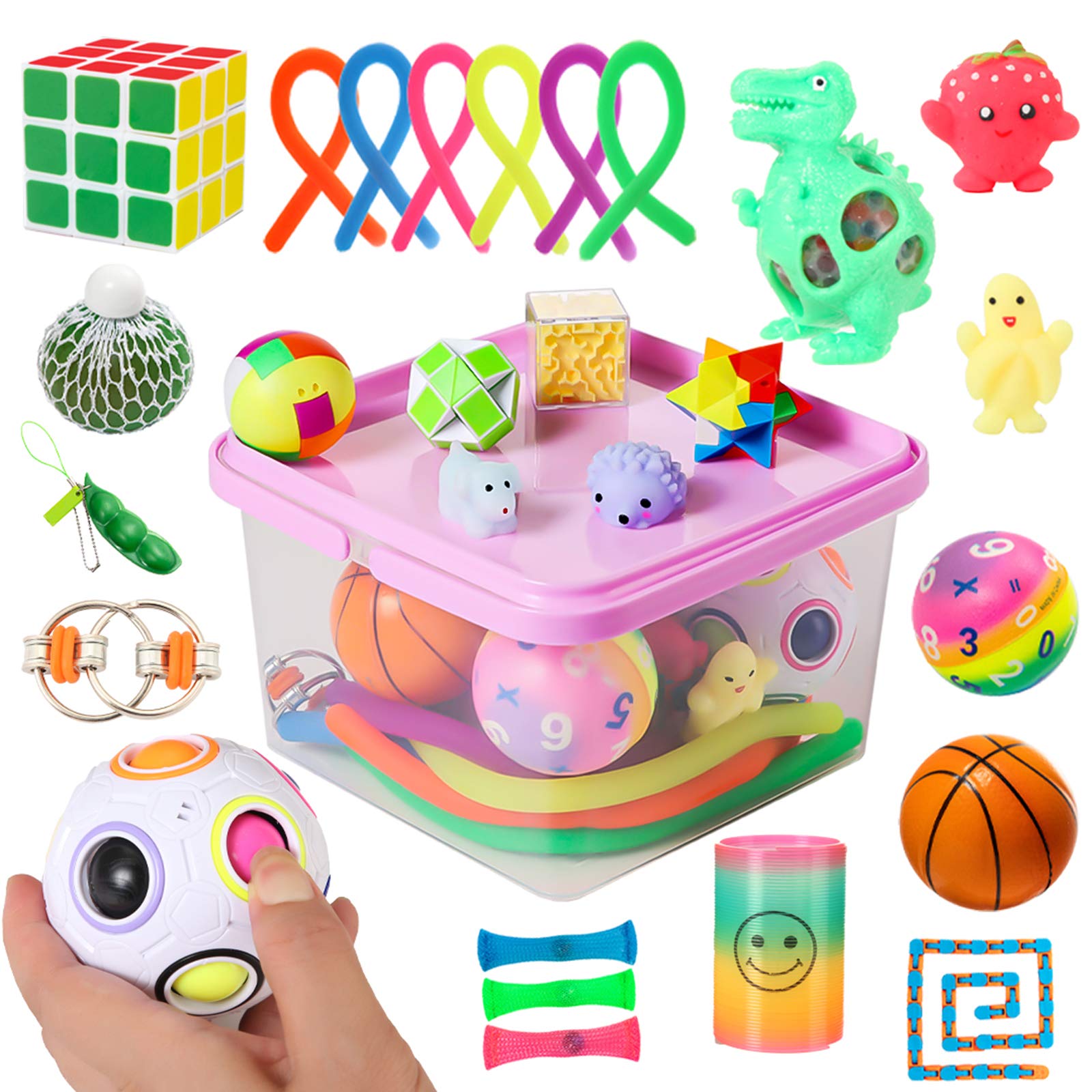 Sensory Fidget Toys Set, 27pcs Stress Relief and Anti-Anxiety Tools Bundle for Kids and Adults, Marble and Mesh, Pack of Squeeze Balls, Soybean Squeeze, Flippy Chain