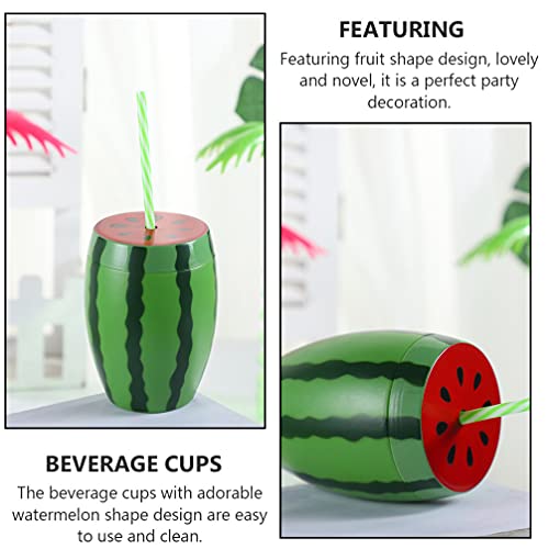 NUOBESTY 4pcs Fruit Shaped Cup Plastic Drinking Cup Watermelon Sippy Cup with Straw Lids for Summer Hawaiian Tropical Luau Party Supplies
