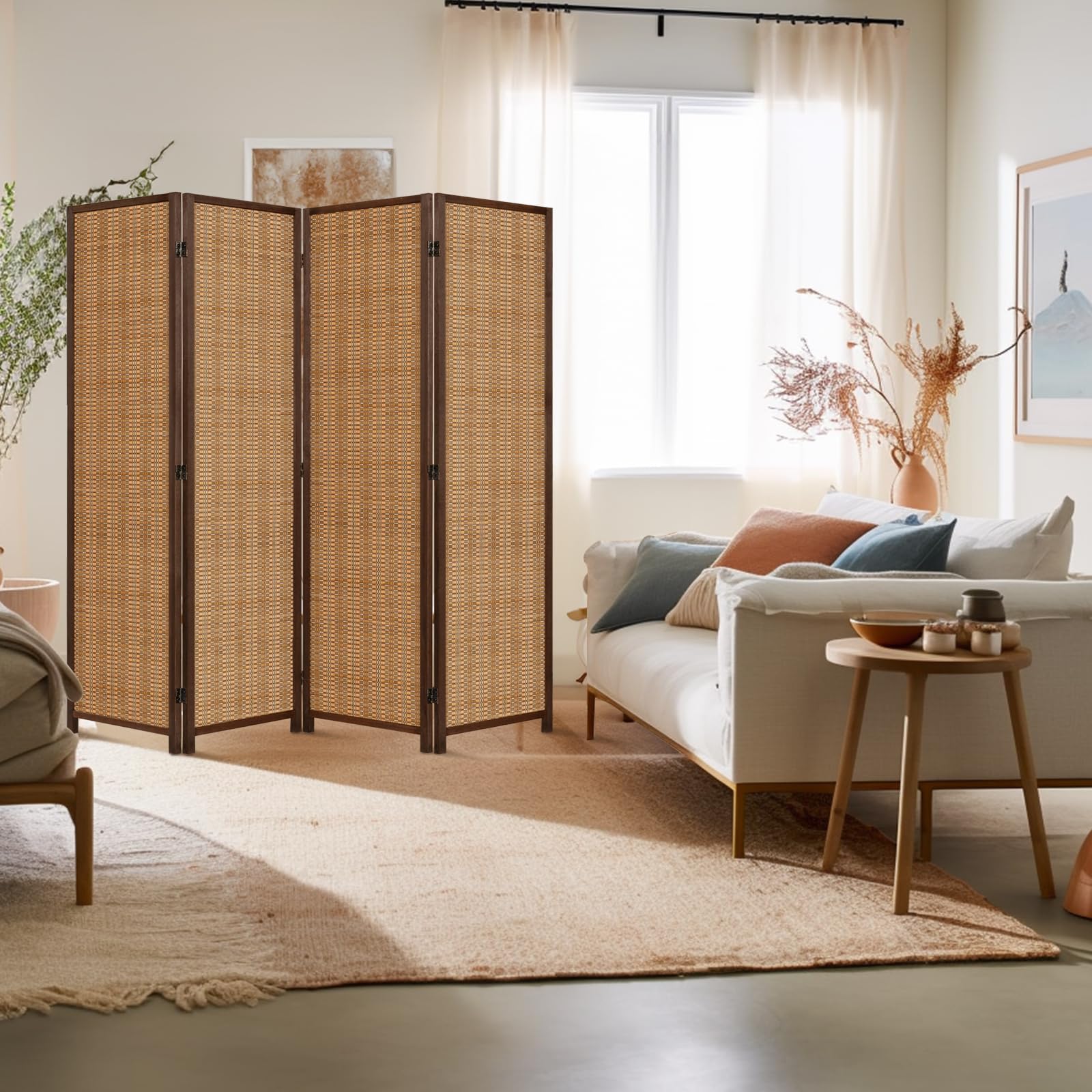 HALLYBEE Room Divider, Room Dividers and Folding Privacy Screens Privacy Screen, Divider for Room Separation Partition Room Dividers, 16" Screen 5.6FT Bamboo Wall 4 Panel, Brown with Brown Frame