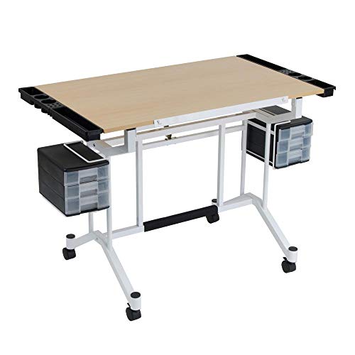 Studio Designs Pro Craft Station with Casters, Tilting Top, and Storage in White/Maple