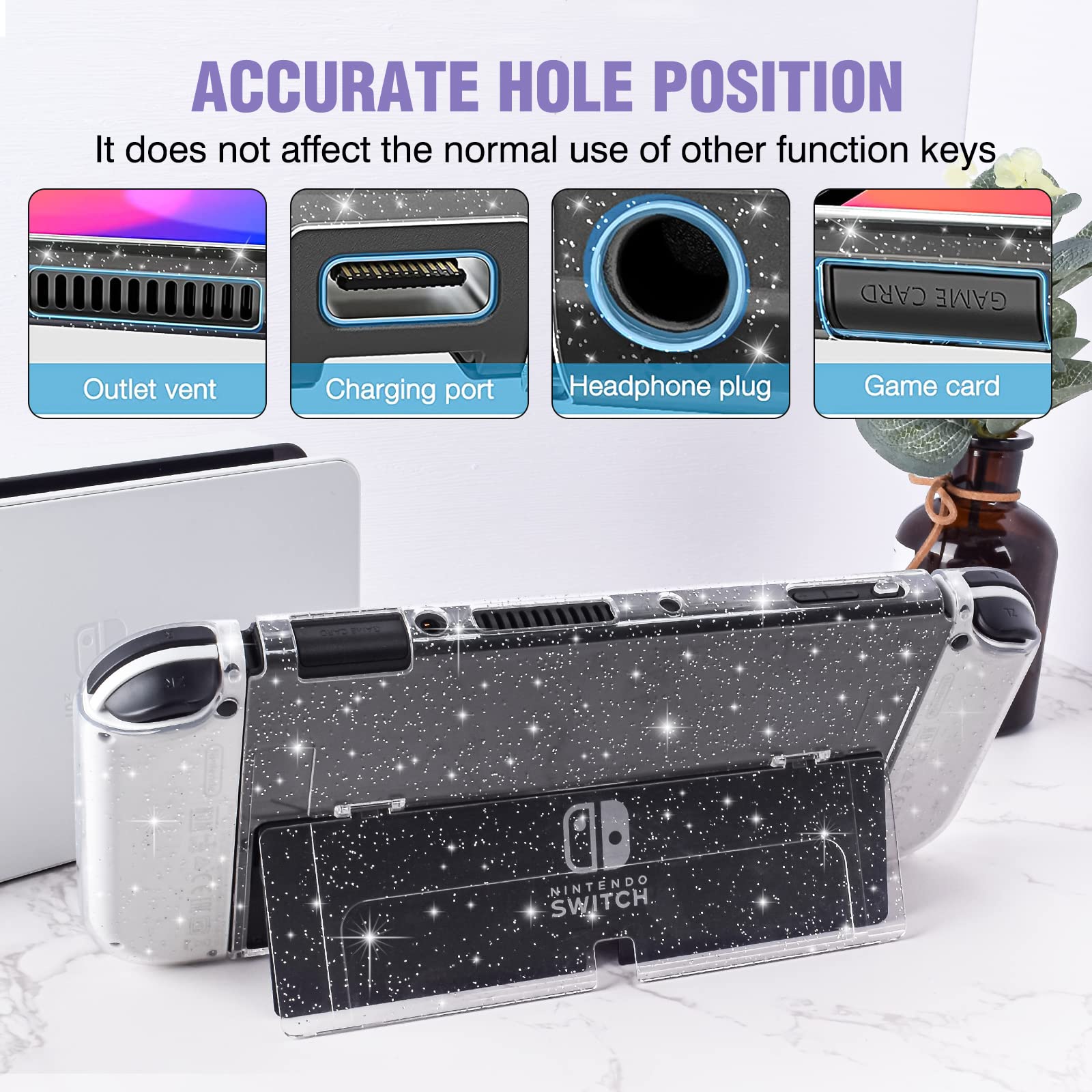 DLseego Glitter Theme Switch OLED Case Set Bling Protective Dockable Crystal Cover with Pink & Purple Shiny Cat Claw Thumb Grips and Sparkly Bear Charm