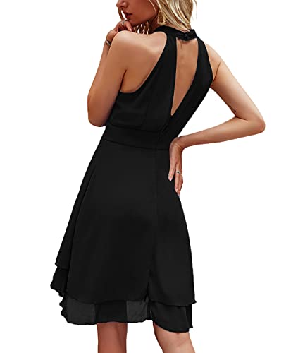 LYANER Women's Halter Sleeveless Pleated Layer Ruffle Hem Elegant Workwear Mini Dress Solid Black Medium
