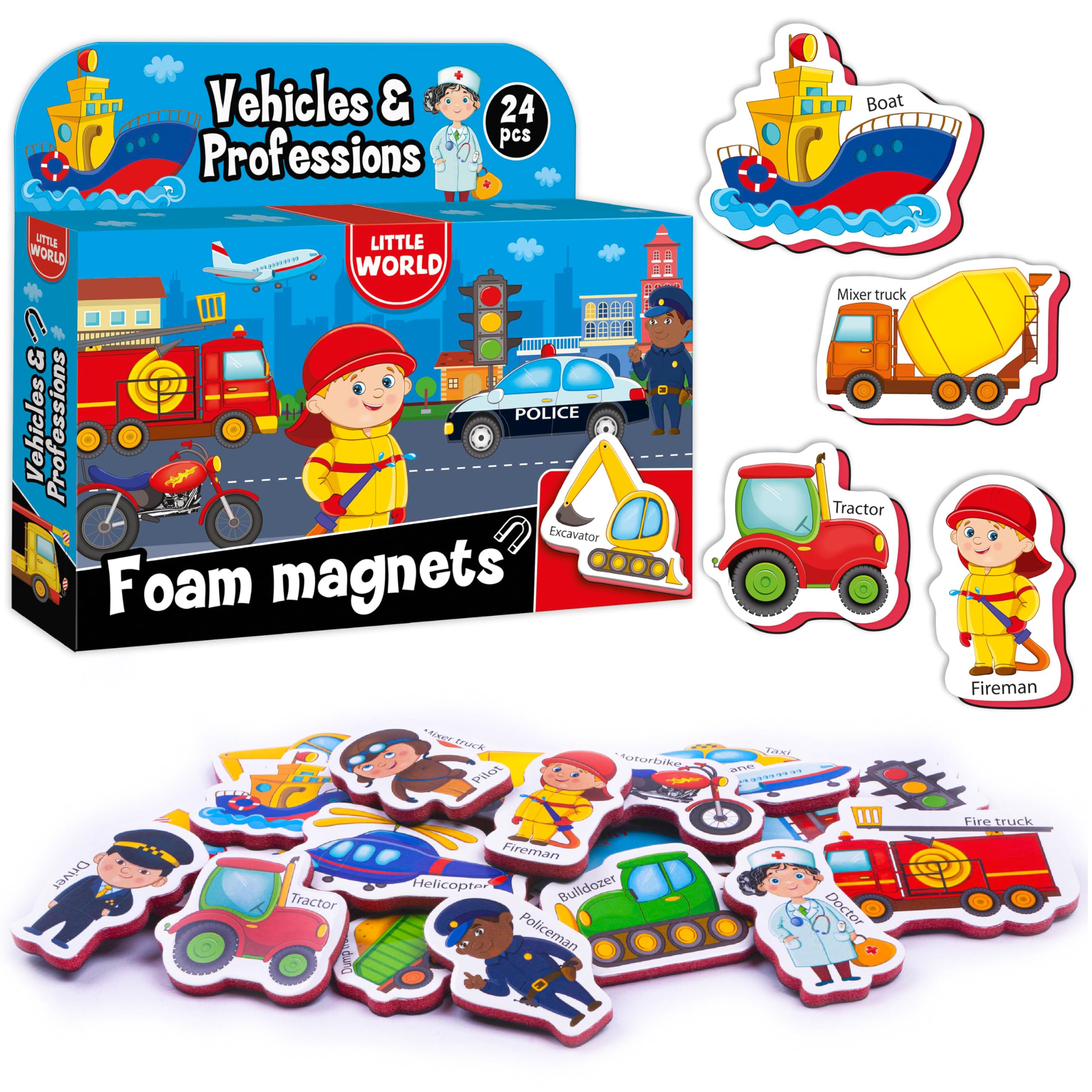 Little World Large Set of 24 Foam Fridge Magnets for Toddlers 1-3 - Refrigerator Magnets for Kids – Baby Magnets for Refrigerator 1 Year Old - Magnetic Vehicles for Toddlers 1-2 - Child Safe Magnets