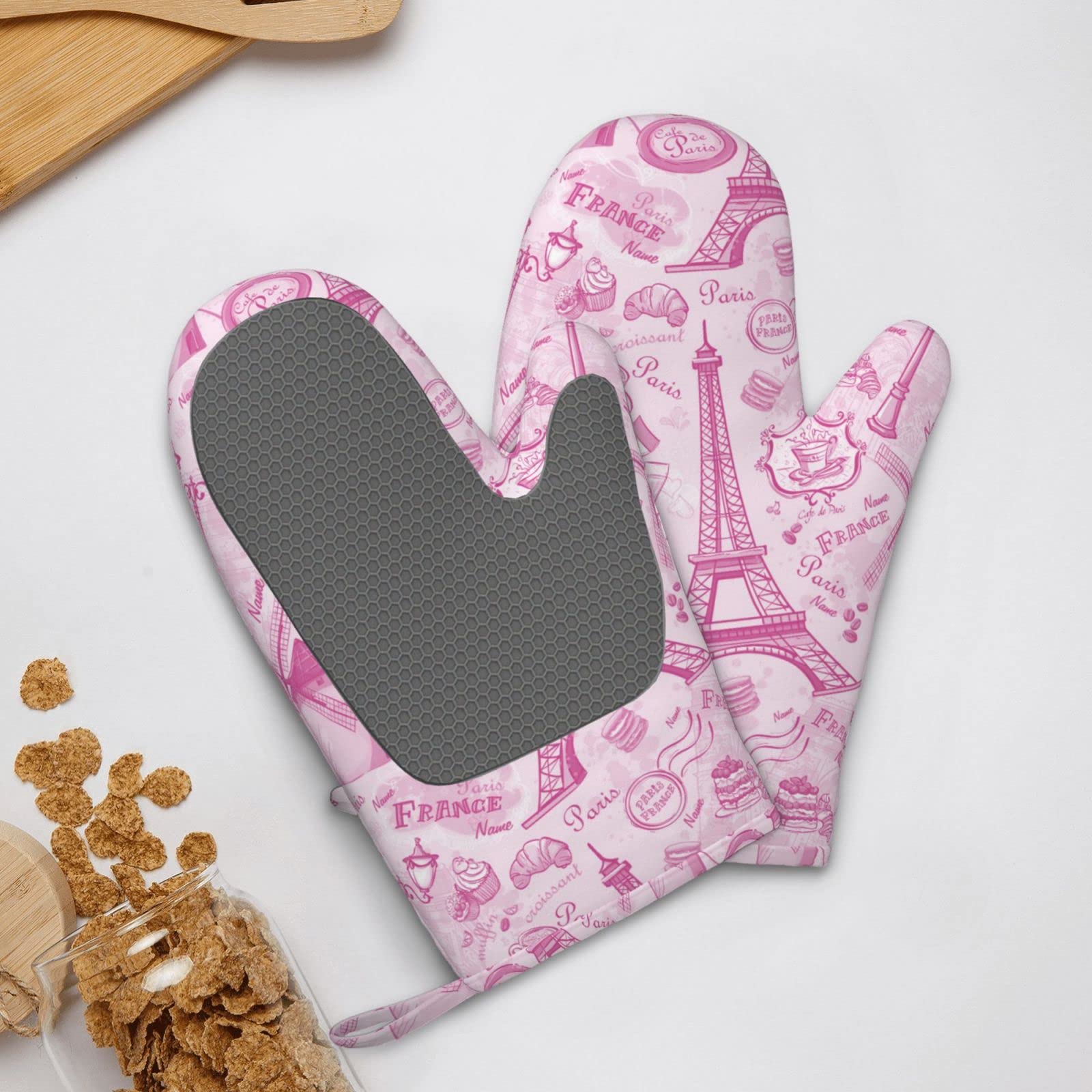 Custom Silicone Oven Mitts with Name France Paris Eiffel Heat Resistant Non-Slip Cotton Lining Oven Gloves Set of 2 Comfort Safety Durable Kitchen Pot Holder for BBQ Cooking Baking