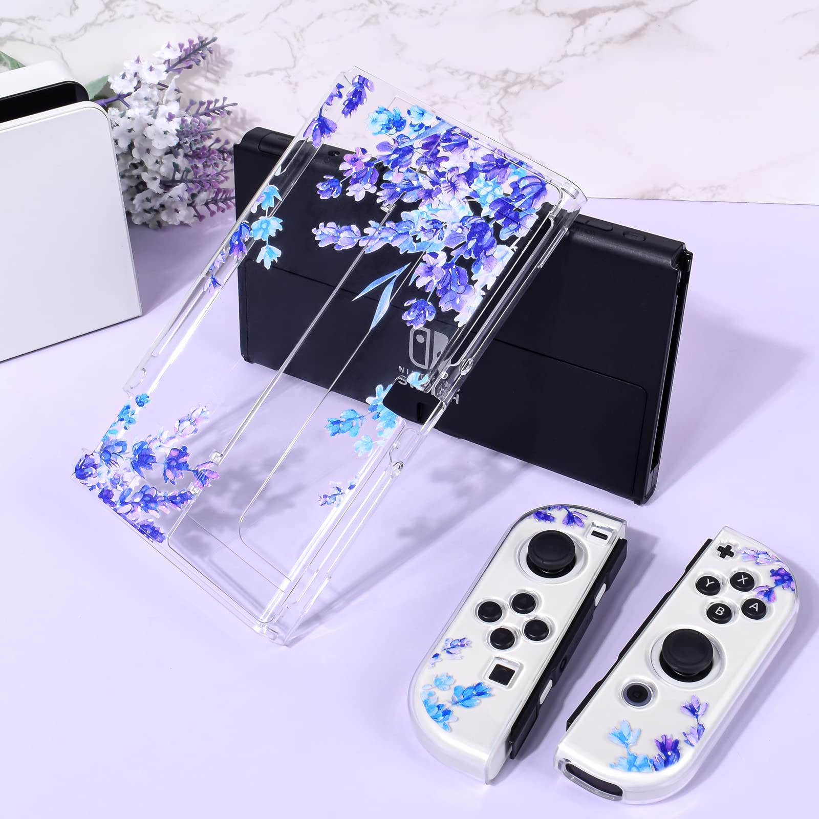 DLseego Peach Blossom Pink Flower Floral Clear Switch OLED Protective Case 2022 Version Anti-Scratch Dockable Console Transparent TPU Shell Soft Shock-Absorption Joy Con Cover for Switch OLED Model