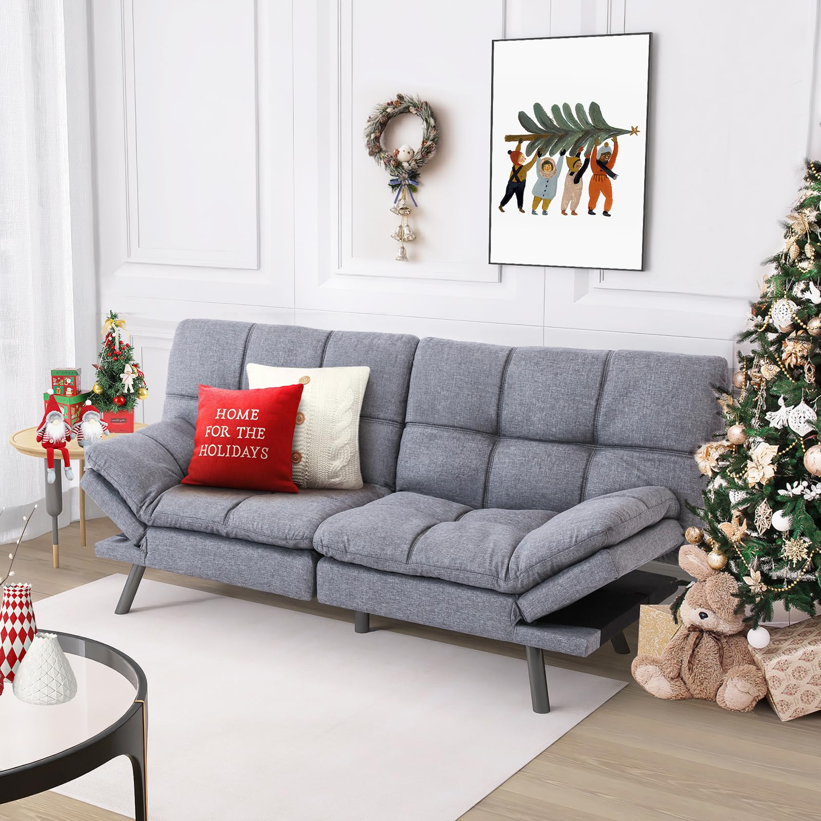 Hcore Convertible Futon Bed,Gray Fabric Memory Foam Loveseat Sofas, Pure Grey