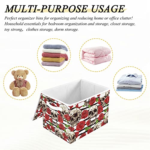 innewgogo Skulls Red Roses Storage Bins with Lids for Organizing Closet Organizers with Handles Oxford Cloth Storage Cube Box for Dog Toys