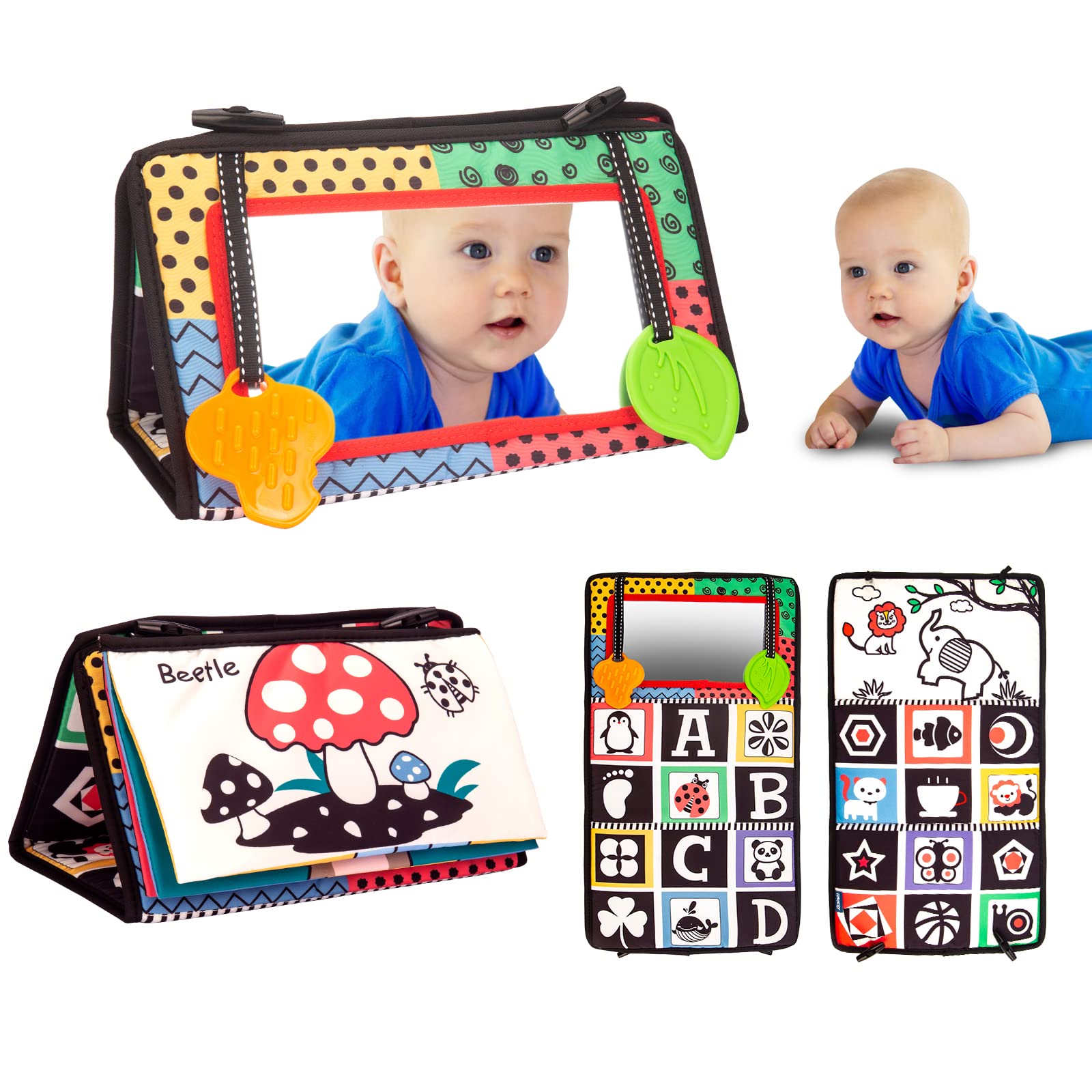 Little World Tummy Time Floor Mirror - Tummy Time Mirror Double High Contrast with Teething Toys, Developmental Black and White Baby Toys for Infants Newborn 0-3 Months Baby Boys and Girls