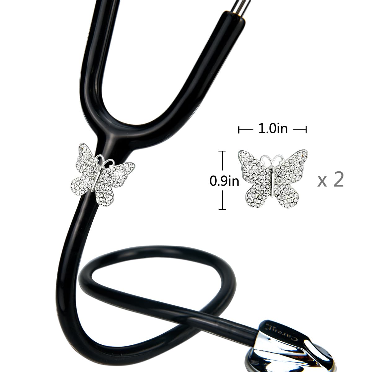 HEYGOO 2 Pack Bling Butterfly Stethoscope Charms for Doctor Nurse, Stethoscope Id Name Tag with Bling Silvery Rhinestones