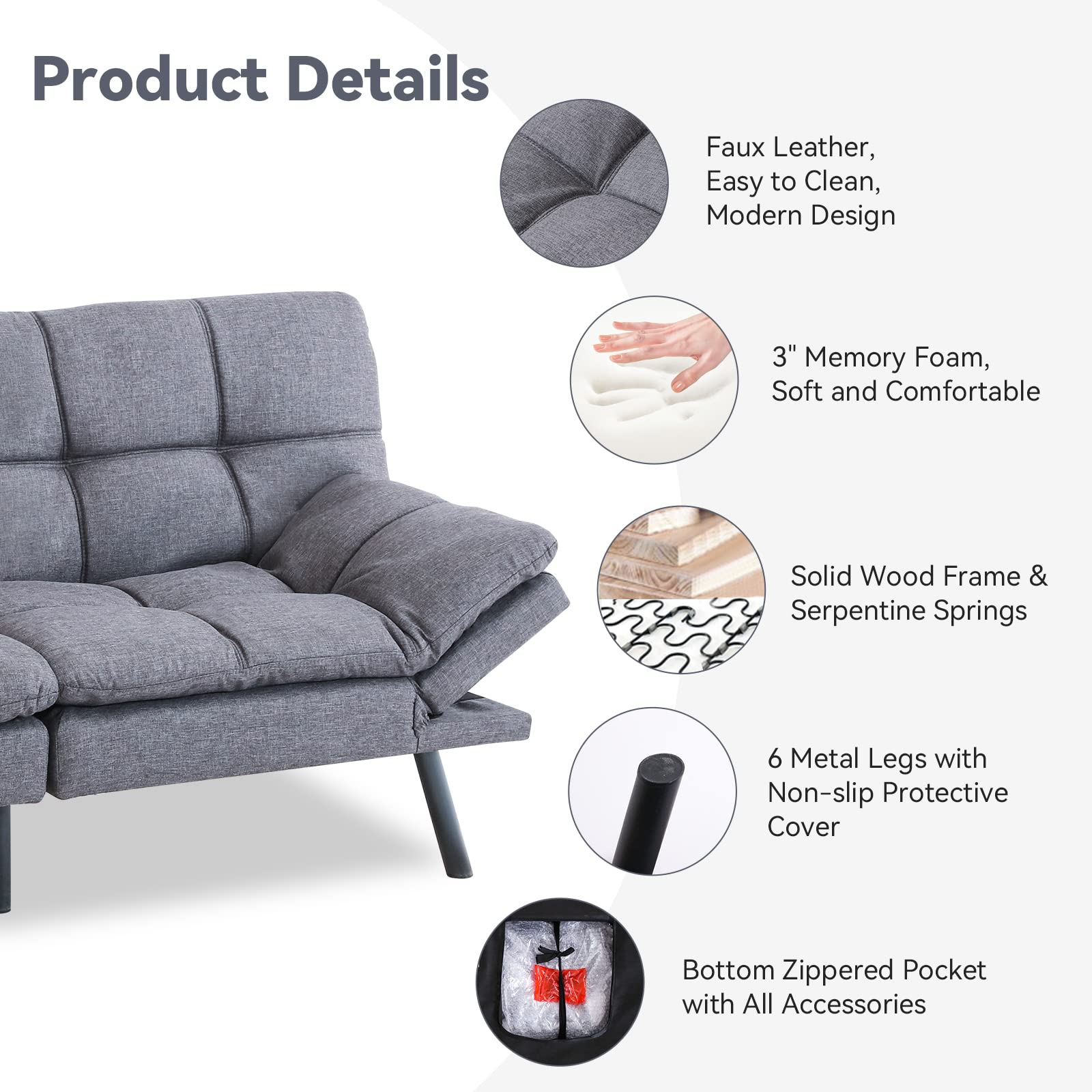 Hcore Convertible Futon Sofa Couch Bed,Futon Couch Bed,Memory Foam Futon Sleeper Sofa,Loveseat Sofa Bed,Small Splitback Polyester Modern Sofa for Living Room,Office,Apartment,Grey