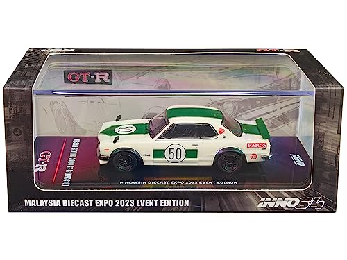 Inno Models Skyline 2000 GT-R (KPGC10) #50 RHD (Right Hand Drive) White with Green Stripes Malaysia Diecast Expo Event Edition (2023) 1/64 Diecast Model Car IN64-KPGC10-MDX23WH
