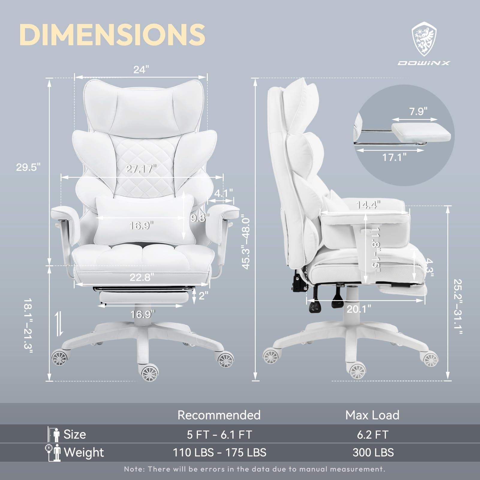Dowinx Big and Tall Office Chair with Pocket Spring Cushion and Lumbar Support,High Back Computer Gaming Chair with Adjustable Armrests,Executive Desk Chair with Footrest,(PU Leather, White)
