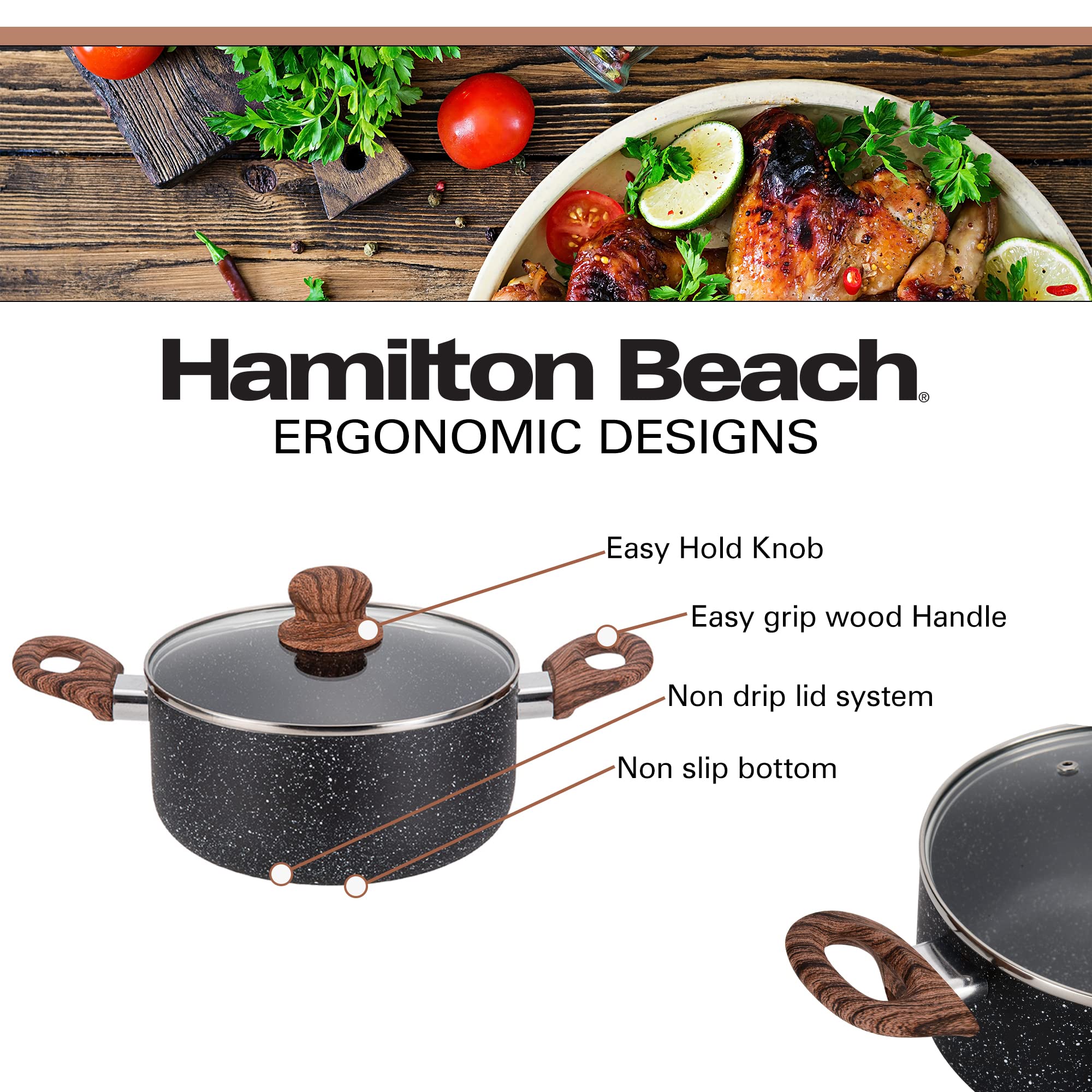 Hamilton Beach 5 Quart Nonstick Marble Coating Even Heating Round Dutch Oven Pot with Glass Lid and Wooden Like Soft Touch Handle, Dutch Oven Pot, Braising, Roasting
