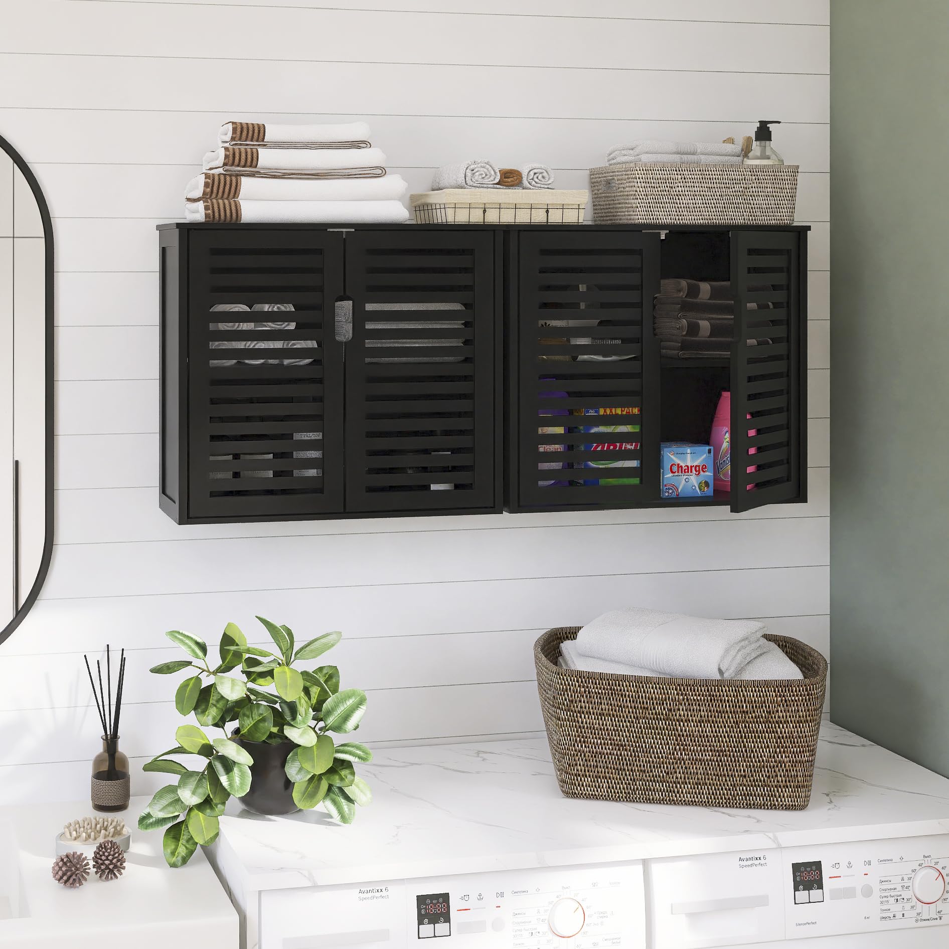 HITNET Black Bathroom Storage Cabinet, Hanging Medicine Cabinet with Adjustable Shelf, Bamboo Over The Toilet Wall Mounted Space Saver Organizer, Double Doors