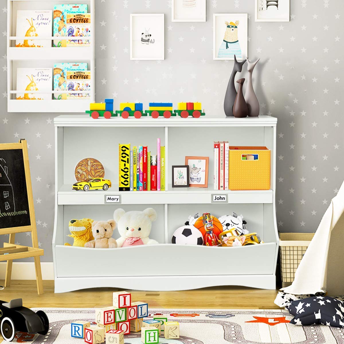 HOMGX Toy Storage Organizer, Open Kids Storage Cubby with 2 Shelves & 4 Bins, Multifunctional Toy Storage Cabinet for Nursery, Playroom(White)