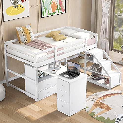 HYC Twin Loft Bed with Multifunctional Movable Built-in Desk, Wood Low Loft Bed with Stairs, for Kids Teens Girls Boys,White