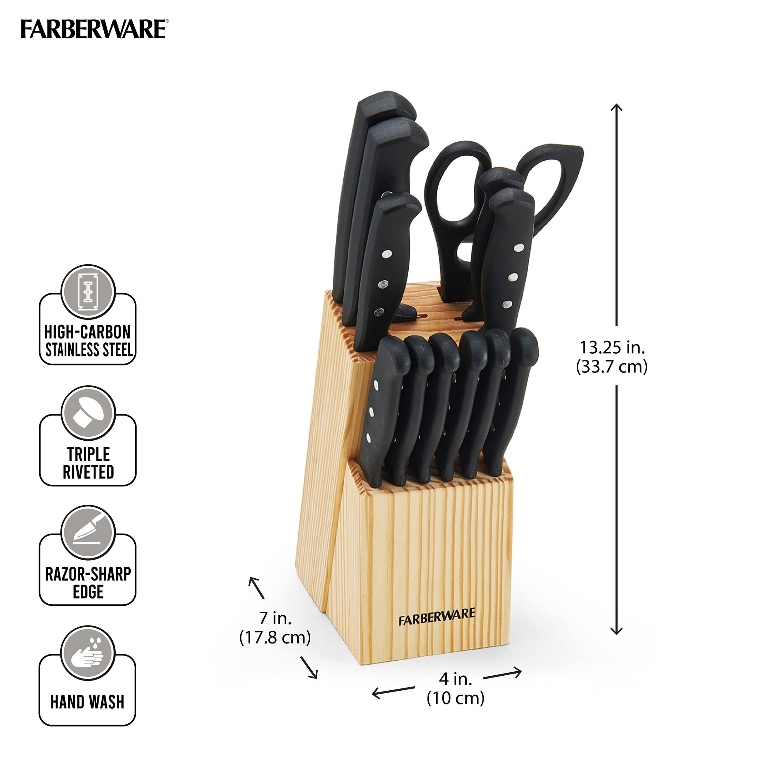 Farberware 22-Piece Never Needs Sharpening Triple Rivet High-Carbon Stainless Steel Knife Block and Kitchen Tool Set, Black & 78892-10 Farberware Plastic Cutting Board, 11-inch by 14-inch, White