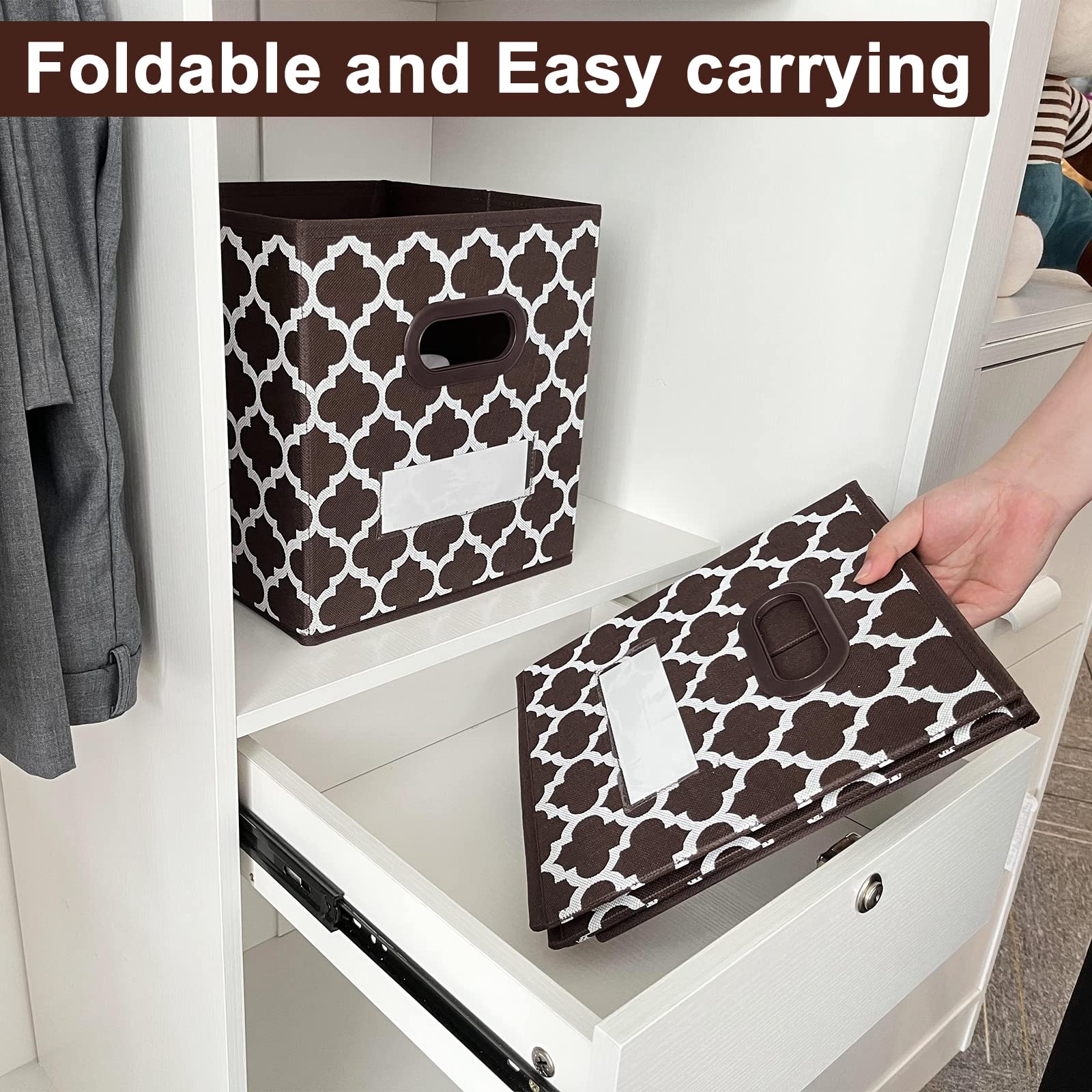 homyfort 11 Inch Cube Storage Organizer Bins-Foldable Fabric storage Cubes Bin Container Box with 2 Plastic Handles for Boys,Girls,Nusery,Clothes,Pantry Closet,Shelf,Kids Room Set of 6 (Deep Coffee)