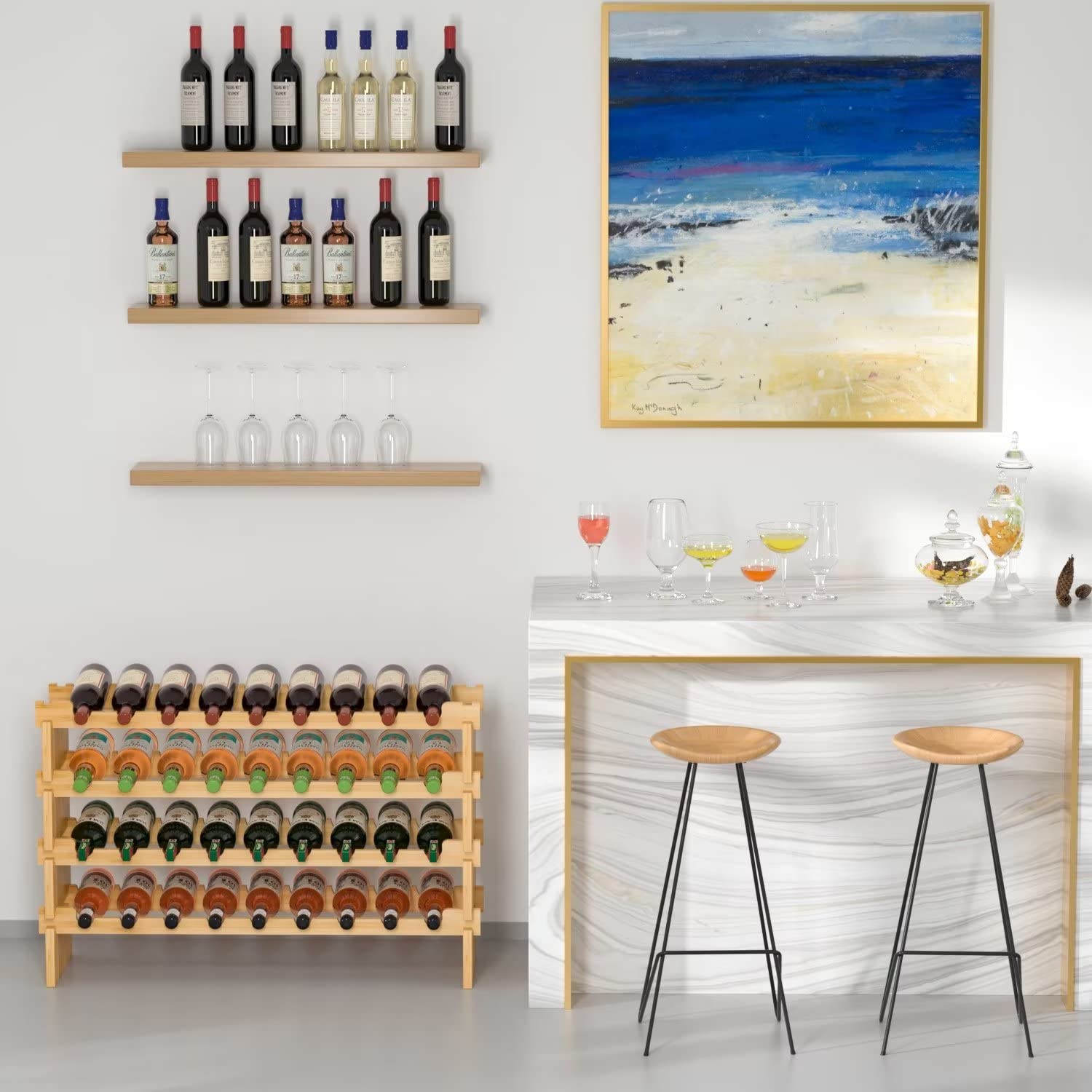 Domax Wine Rack Freestanding Floor - 4 Tiers Stackable Wine Rack 36 Bottle Wine Bottle Holder, Bamboo Wine Holder Wine Storage for Kitchen, Bar, Pantry, Wine Cellar and Countertop (Yellow)