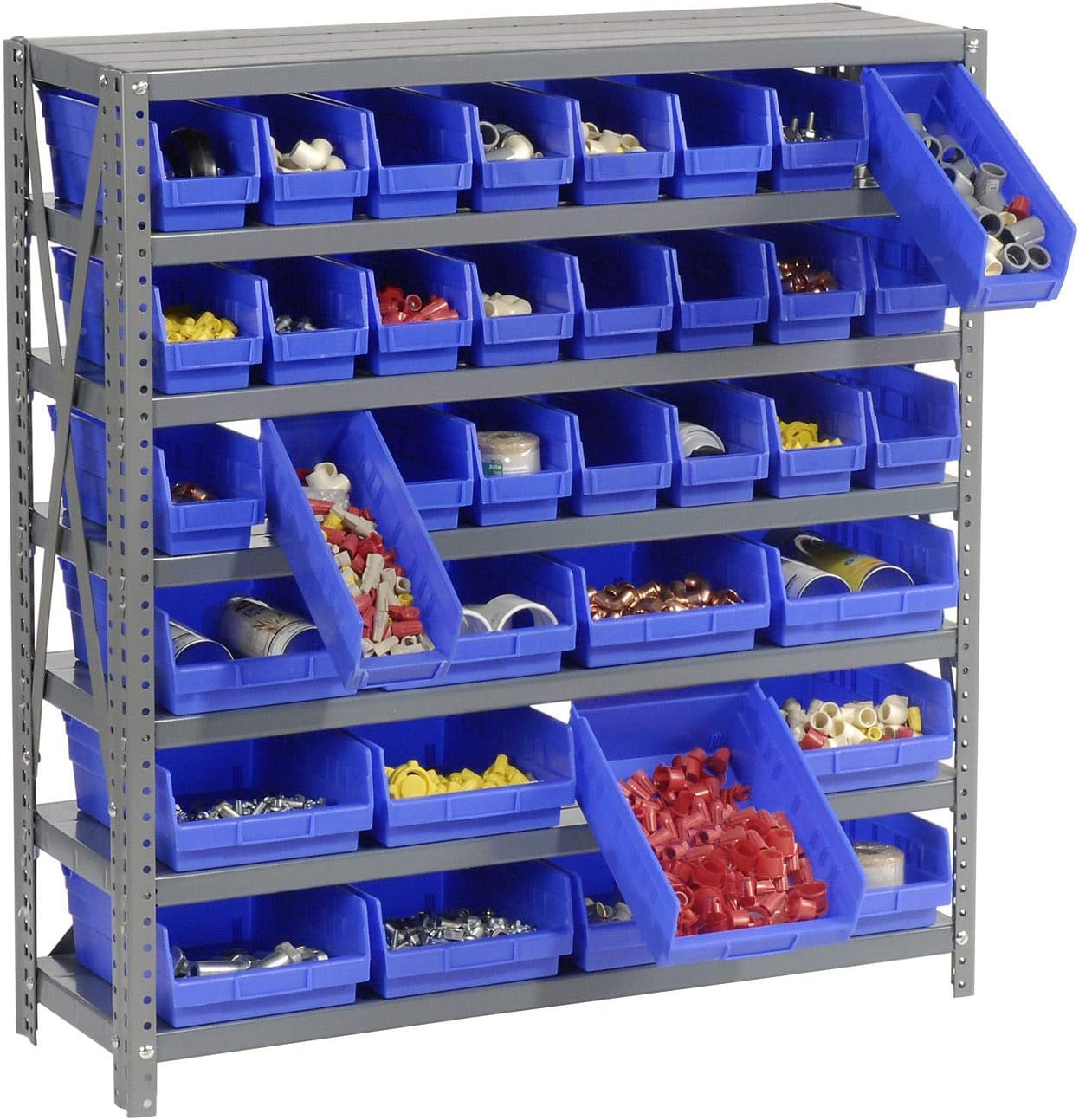 Global Industrial 7 Shelf Steel Shelving with (36) 4" H Plastic Shelf Bins, Blue, 36x12x39