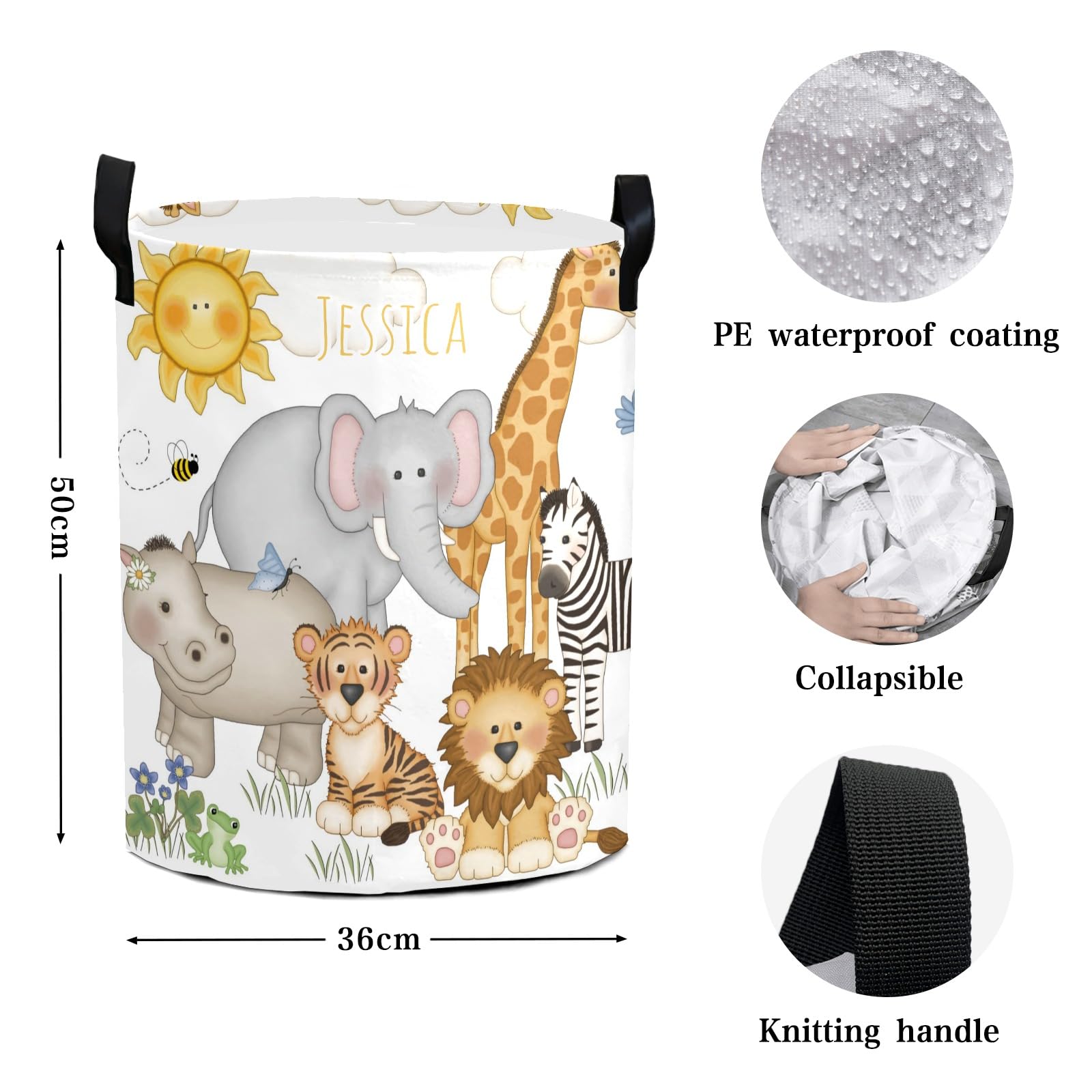 Cute Animals Elephant Tiger Lion Zebra Giraffe Hippopotamus Personalized Foldable Freestanding Laundry Basket Clothes, Custom Collapsible Storage Bin for Toys Bathroom Laundry