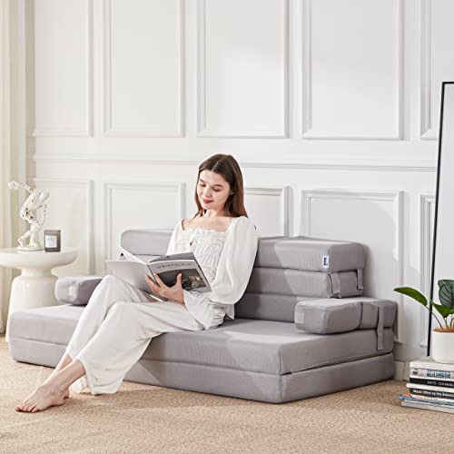 Lazyzizi Sleep 4 Inch Foldable Mattress, Portable Floor Mattress Couch with Headrest, Washable Cover, Foldable Foam Couch Full for Guest Bed, Folding Sofa Bed, Camping, Road Trip, Dark Grey
