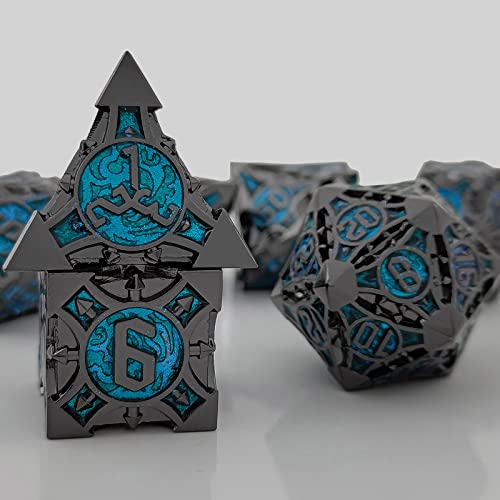 DND Dungeons and Dragons Dice with Gift Box & Dice Bag Metal Polyhedral Large D&D Dice Set for RPG MTG Pathfinder Role Playing Dice D and D Dice D20 D12 D10 D8 D6 D4 Black Flash Blue