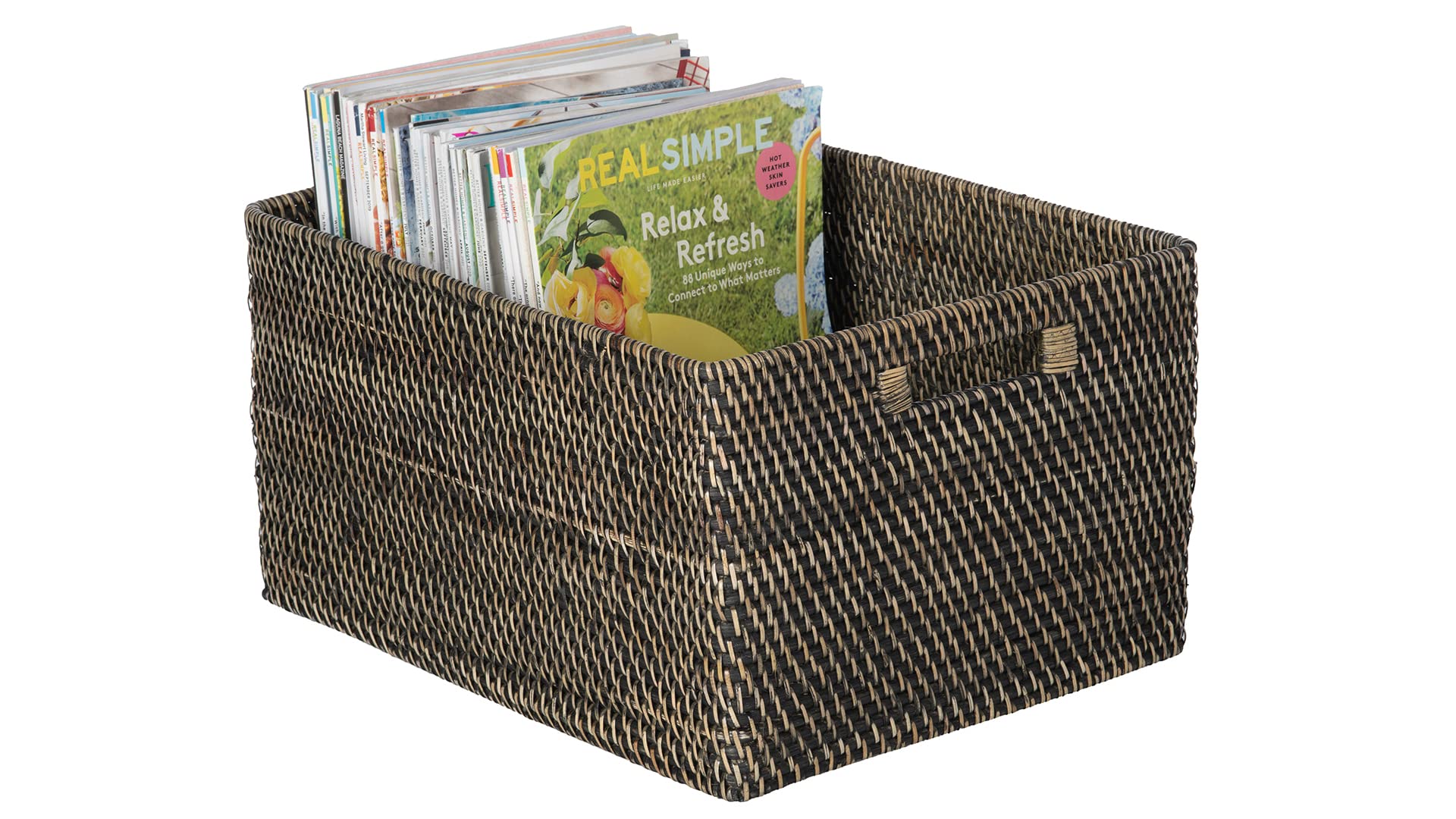 Loma Rectangular Rattan Storage Basket with Cut-Out Handles - Black-Wash - Coastal-Inspired Handwoven Rattan Basket for Home Organization & Décor