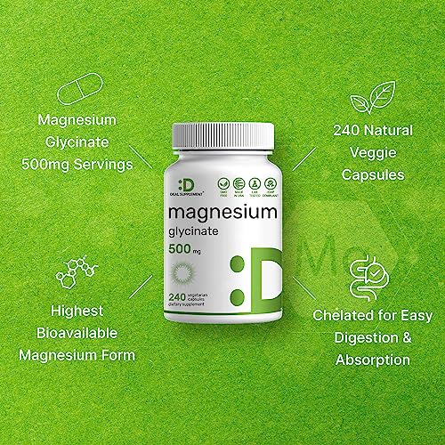 Magnesium Glycinate 500mg, 240 Veggie Capsules | Chelated for Easy Absorption | Highly Purified Essential Trace Mineral for Muscle, Joint, Heart, & Digestive Health