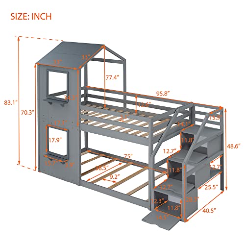 Twin House Bunk Beds Wooden Low Floor Bunk Bed with Roof & Window Twin Over Twin Bunk Beds with Stairs and Storage for Kids Teens, Grey