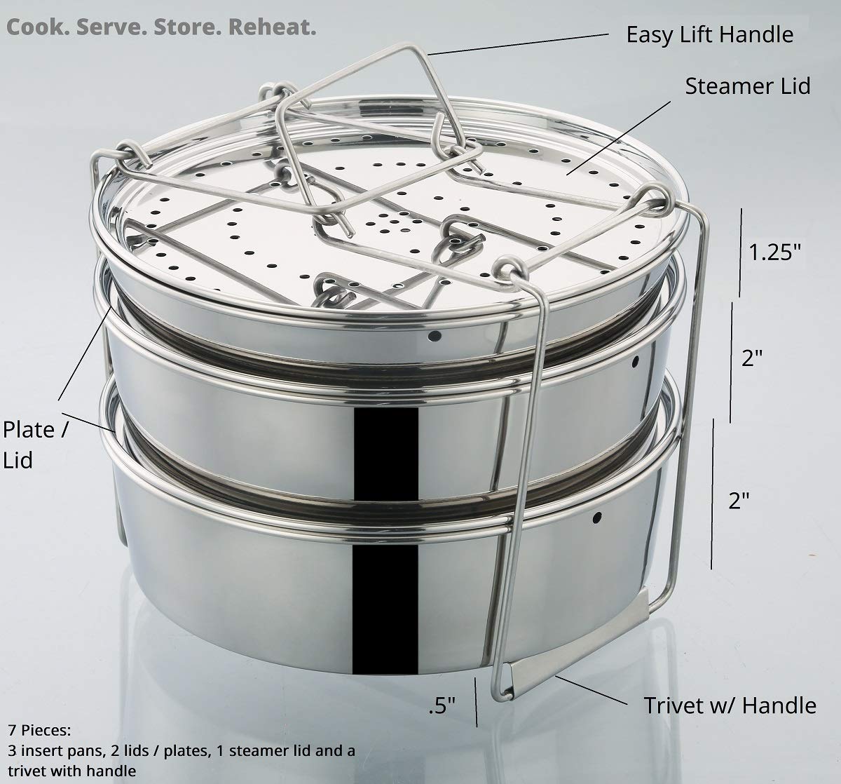 Dubbas - Premium Quality 3 Tier Stainless Steel Stacking Insert Pans/Steamer Compatible with 6 Quart Instant Pot Cooker PIP w/Lids/Plates & Trivet/Sling to Cook, Serve, Store & Reheat