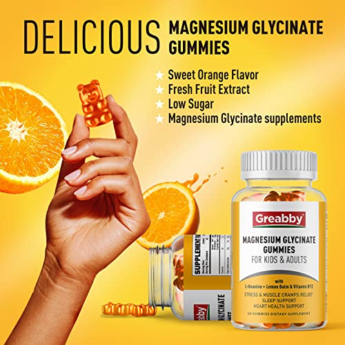 Magnesium Glycinate Gummies with Vitamin B12 - Magnesium Gummies chewable for Kids & Adults, L-Theanine for Cognitive, Magnesium Glycinate for Stress Relief, Sleep Support & Muscle Cramps(60Count)