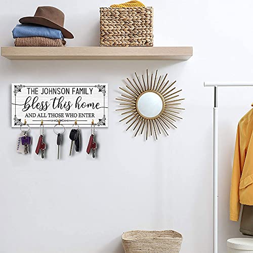 MUCHNEE Personalized Wooden Key Holder Wall Décor with Custom Family Name - Bless Home & People Enter, Key Ring Holder Hook Art with 5 Hooks for Wall, Entryway - Housewarming Gift for Family, Friends